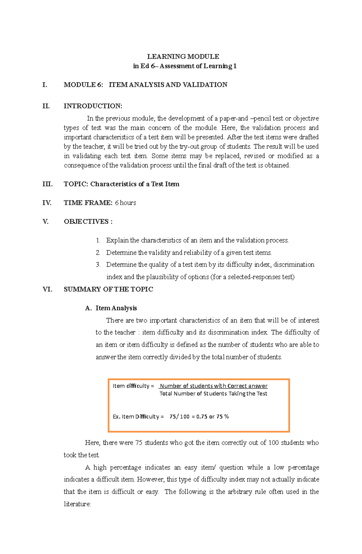 Module-6 - A - rgtrtrtt - LEARNING MODULE in Ed 6– Assessment of ...