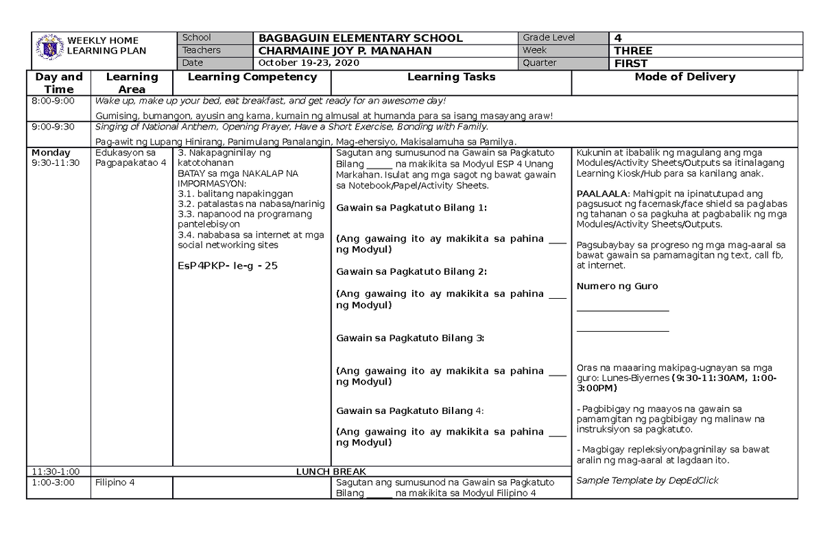 WHLP- Grade 4 (Q1 Week 3) - WEEKLY HOME LEARNING PLAN School BAGBAGUIN ...