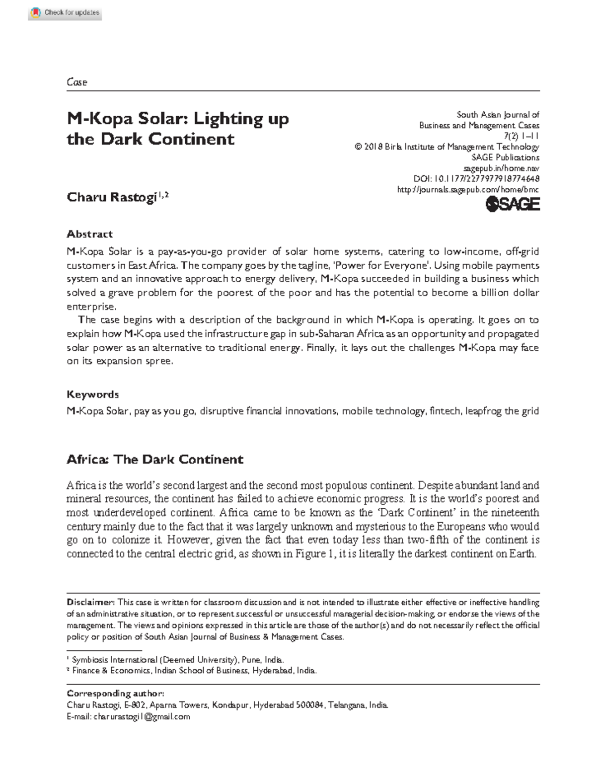 Rastogi 2018 - mnam,sndmqnDKNAkns - M-Kopa Solar: Lighting up the Dark ...