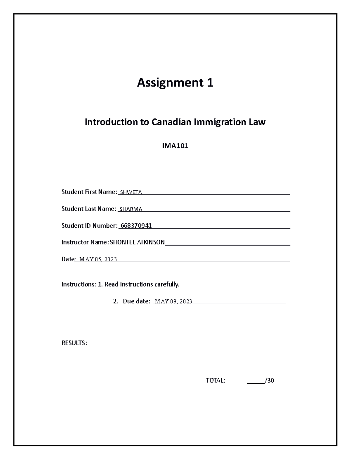 Introduction to Canadian Immigration Law Assignment - Studocu