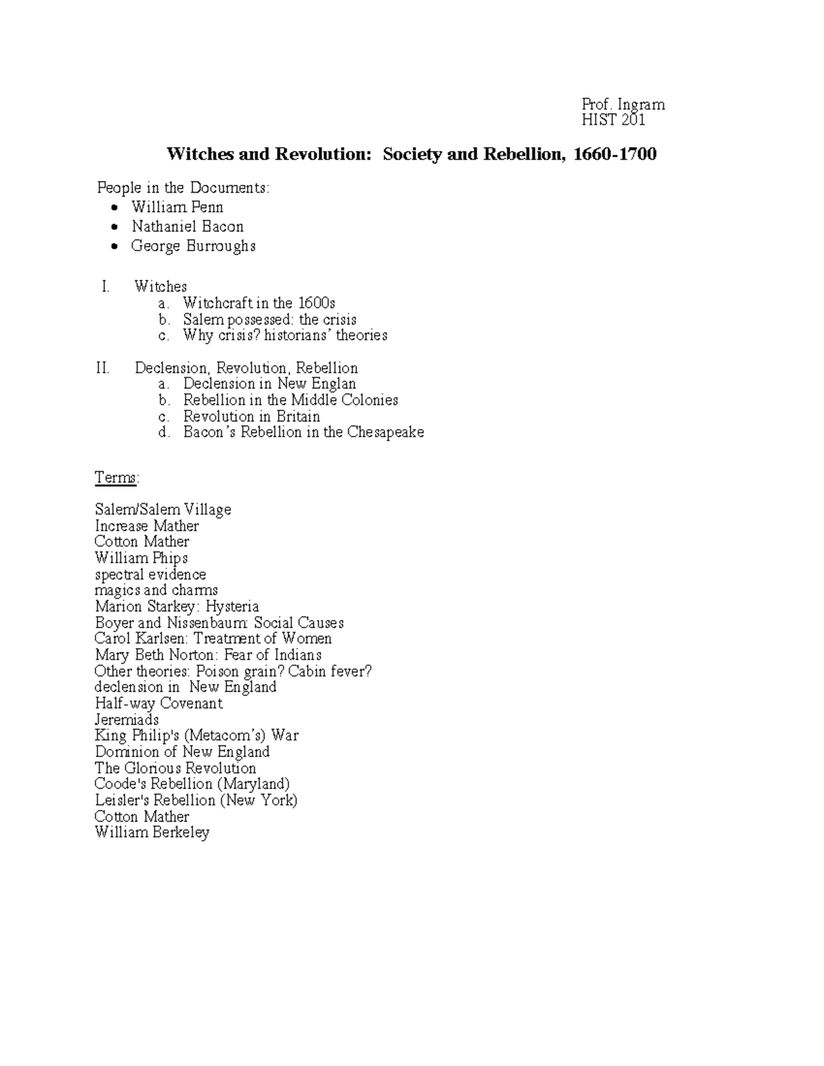 Witches Revolution HO-1 - Prof. Ingram HIST 201 Witches and Revolution ...