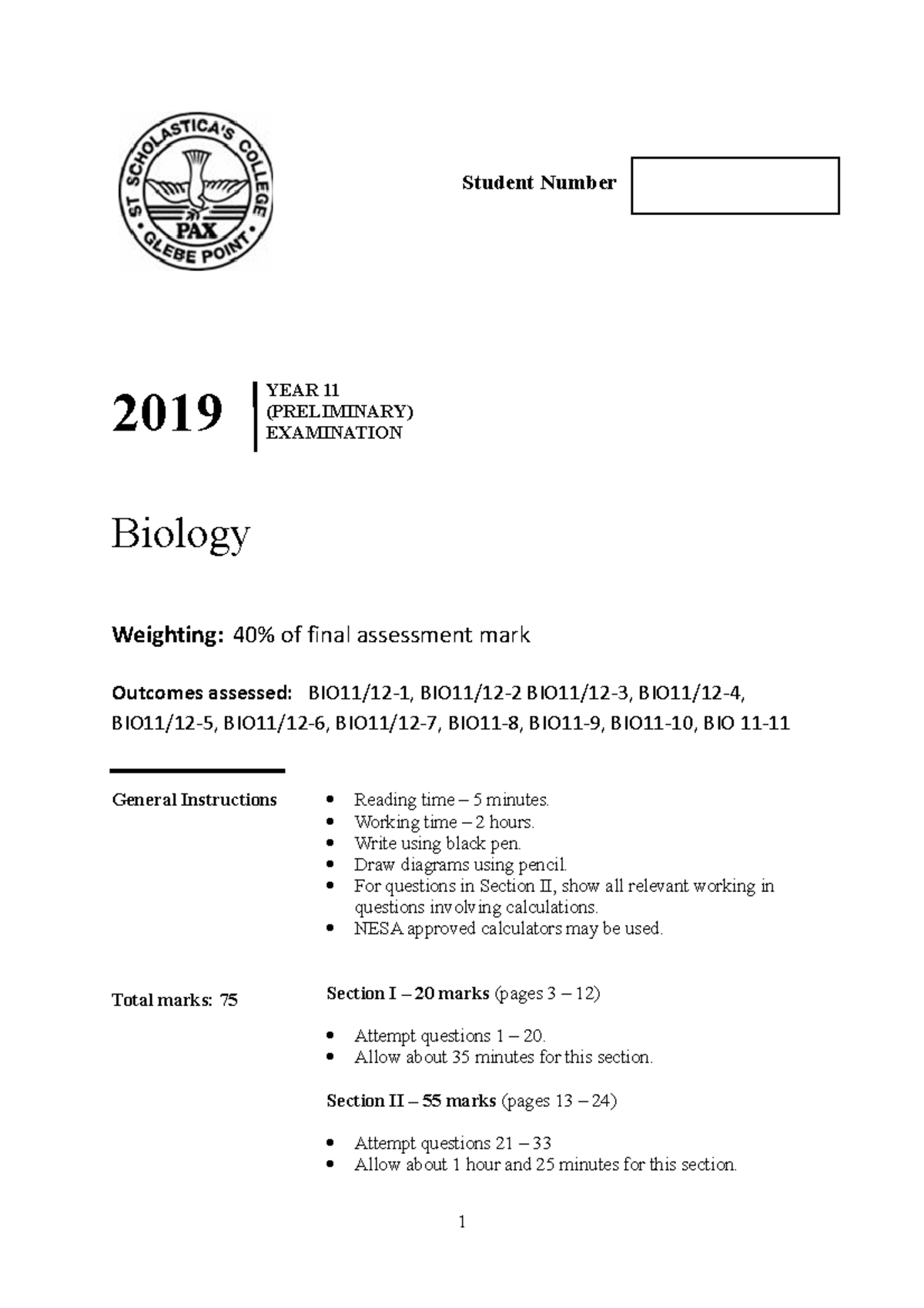 Biology Year 11 2019 Exam Final EDIT - Student Number 2019 YEAR 11 (PRELIMINARY) EXAMINATION ...