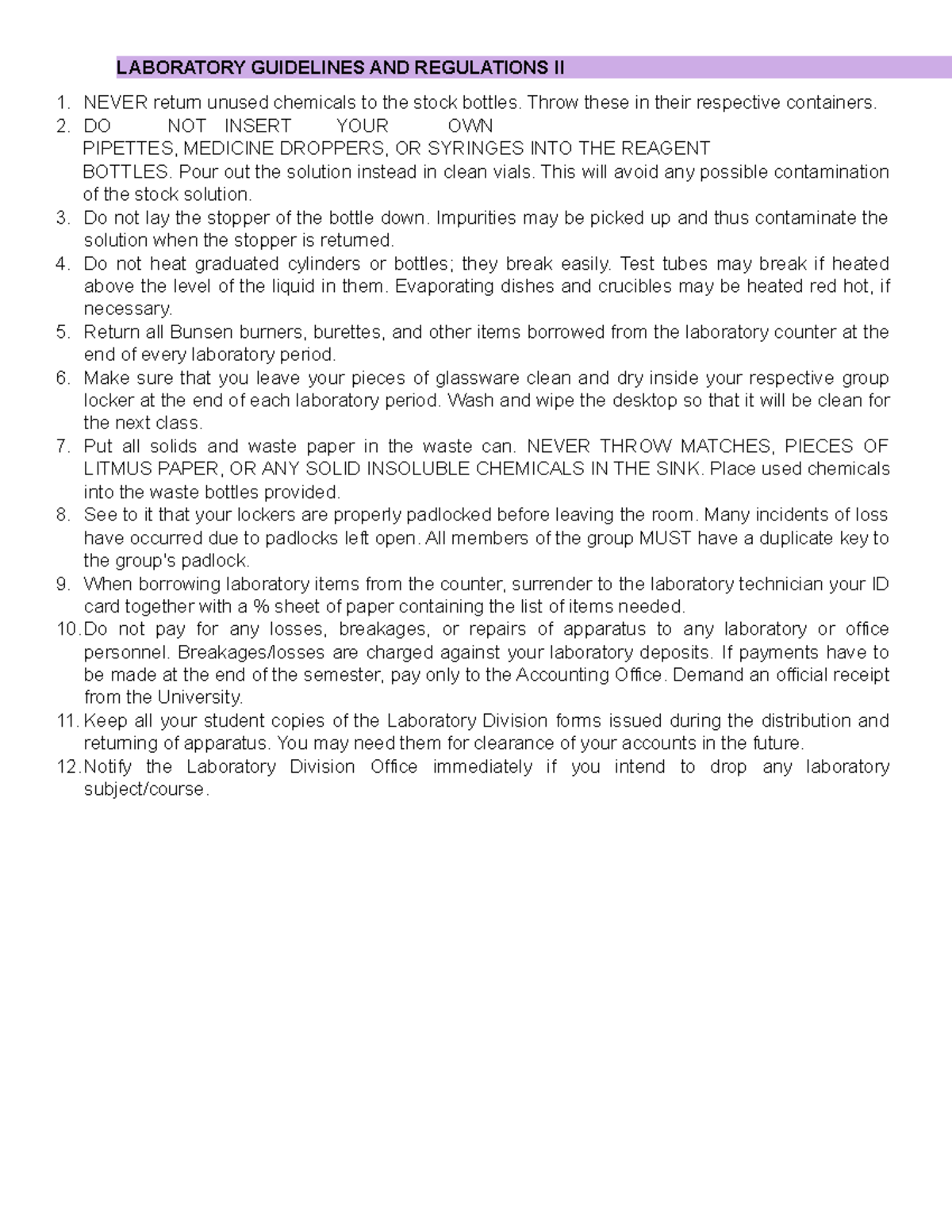 Laboratory Guidelines AND Regulations II - LABORATORY GUIDELINES AND ...