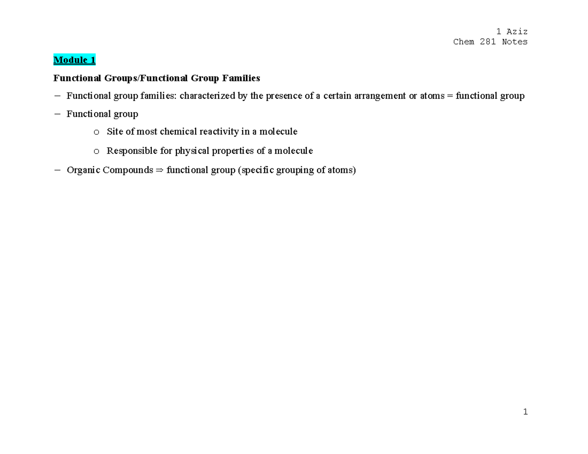 281 Notes - all - Chem 281 Notes Module 1 Functional Groups/Functional ...