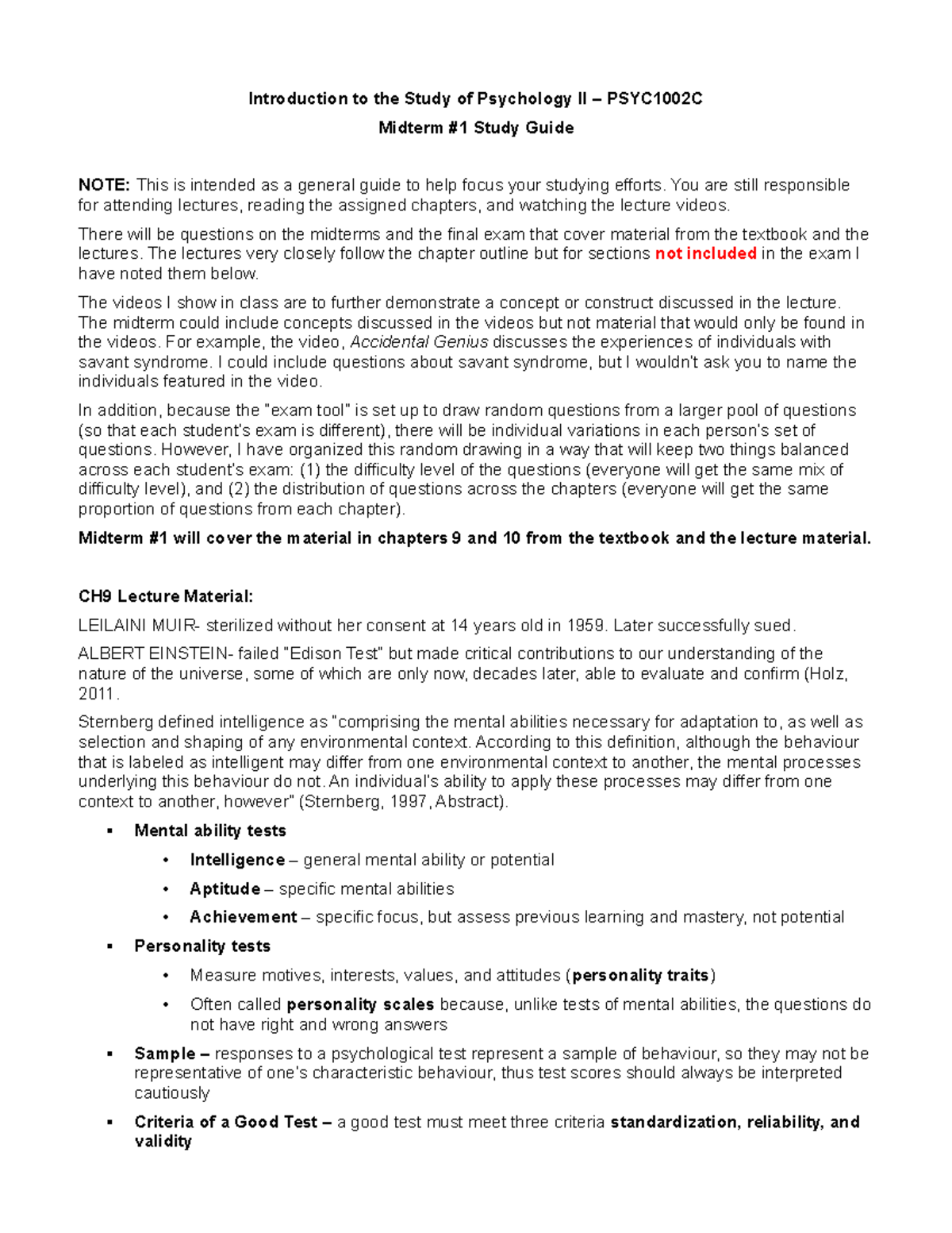 PSYC1002 Midterm 1 study guide - Introduction to the Study of Psychology II – PSYC1002C Midterm ...