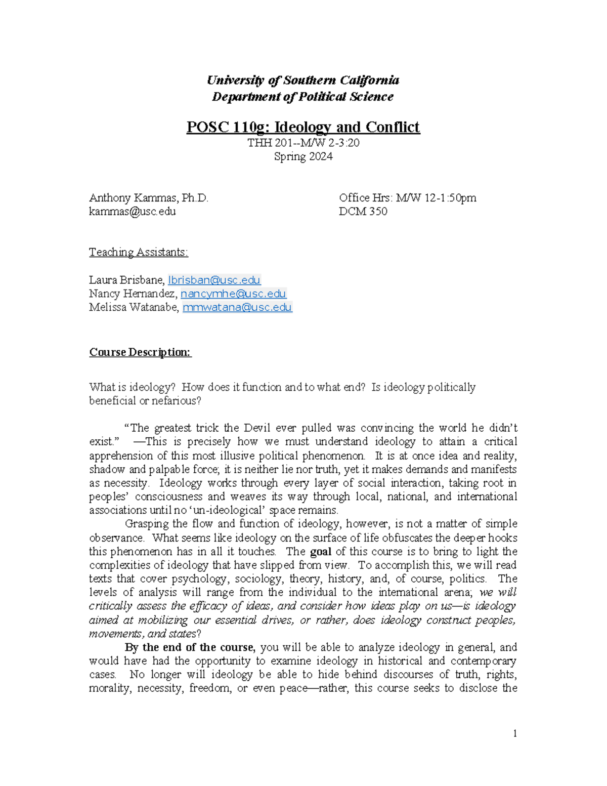 POSC 110g Ideology and Conflict Spring 2024 - University of Southern California Department of ...