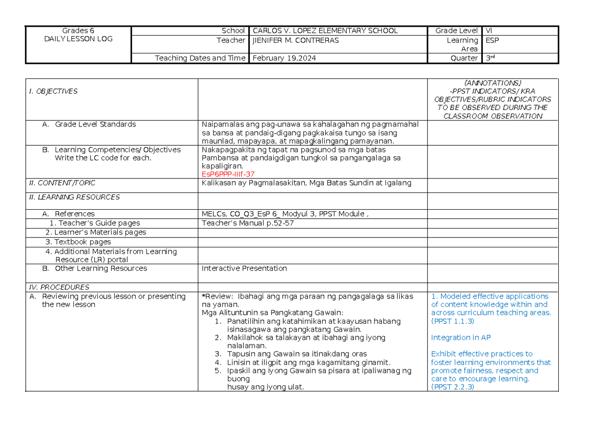 COT DLP- ESP-Q3-6 JIENfinal - Grades 6 DAILY LESSON LOG School CARLOS V. LOPEZ ELEMENTARY SCHOOL ...