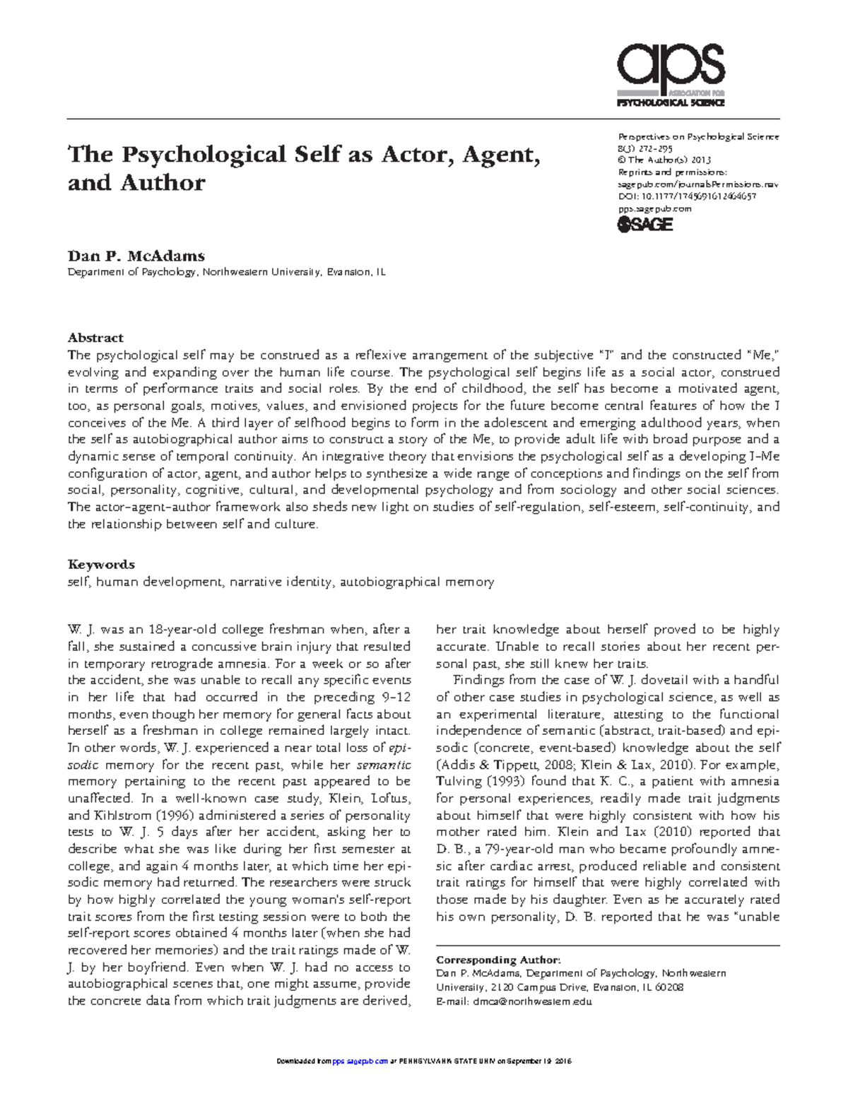 The psychological self as actor, agent, and author - Perspectives on ...