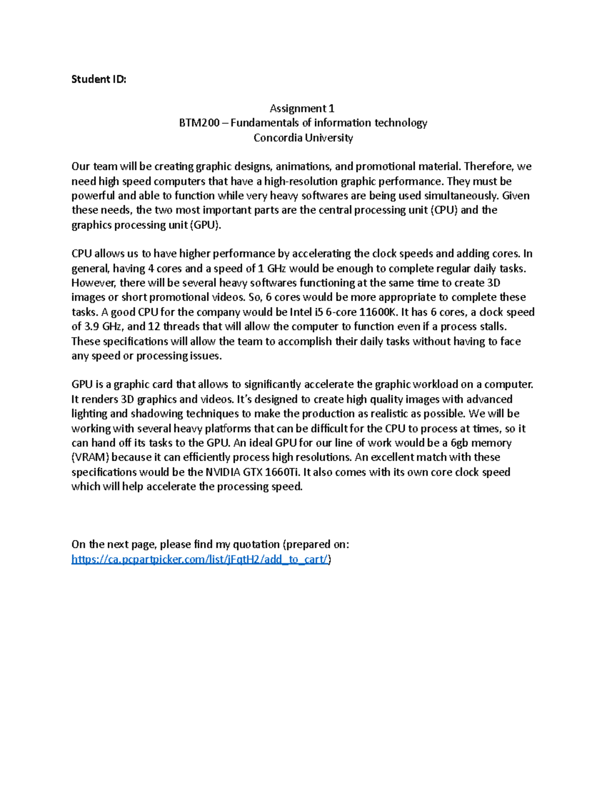 BTM 200 - Assigment 1 - assignment 1 - Student ID: Assignment 1 BTM200 – Fundamentals of ...