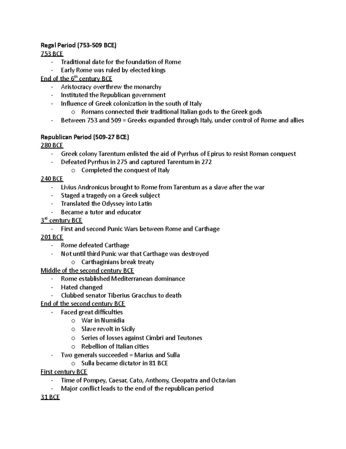 Roman Timeline - Lecture notes 2 - Regal Period (753-509 BCE) 753 BCE ...