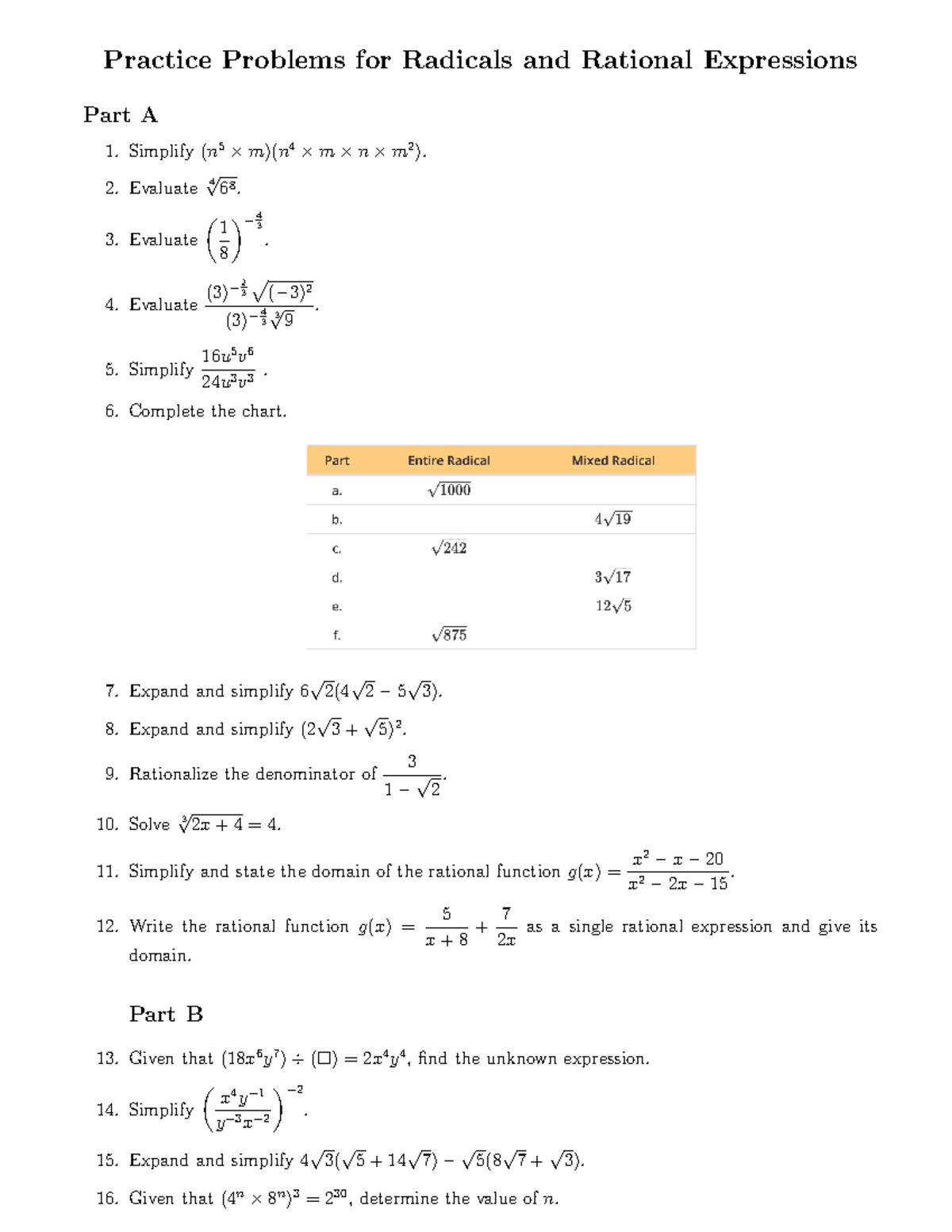 Practice Problems RRE - Practice Problems for Radicals and Rational ...