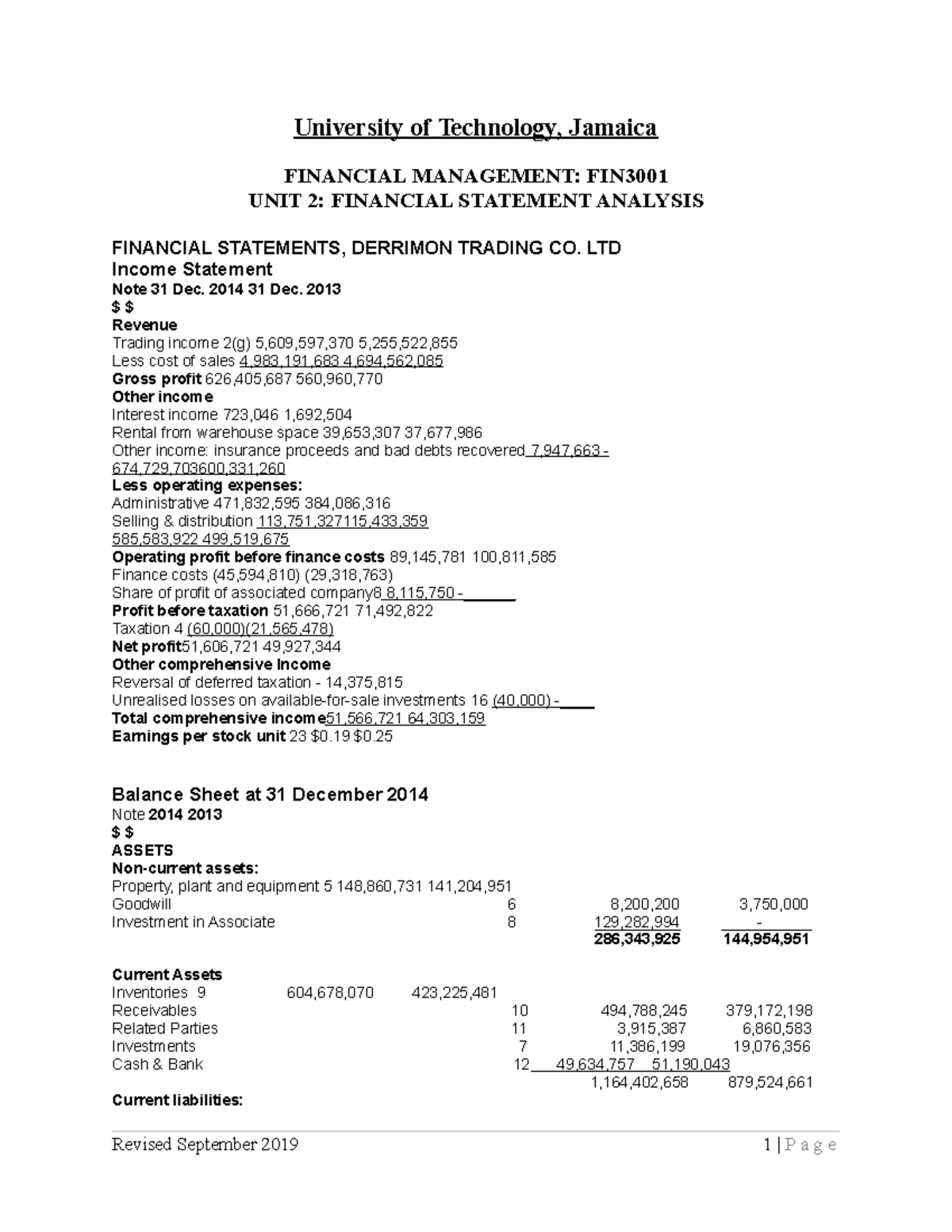 FM Unit 2 Finanacial Statement Analysis Revised 2019 - University of ...