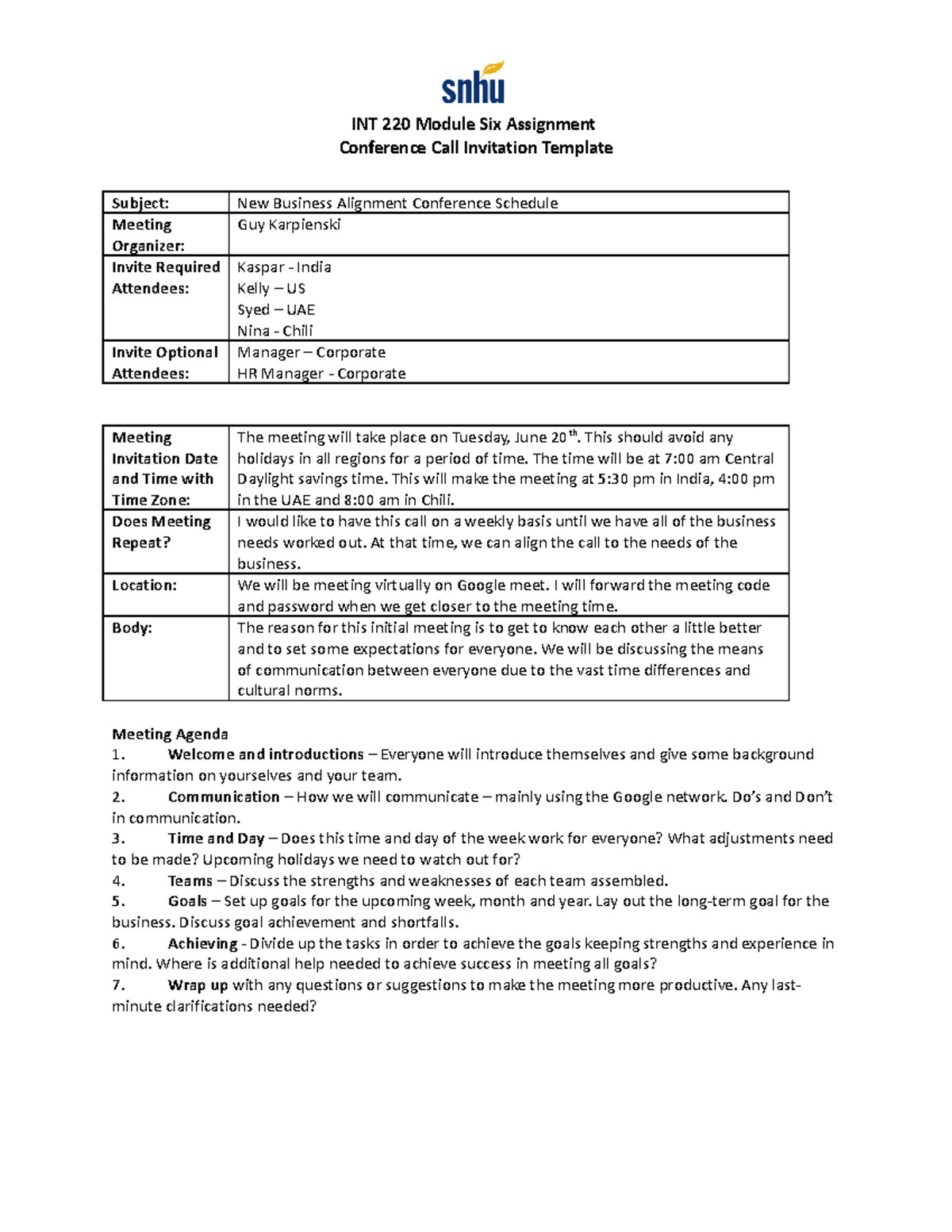INT 220 Conference Call Invitation - INT 220 Module Six Assignment ...