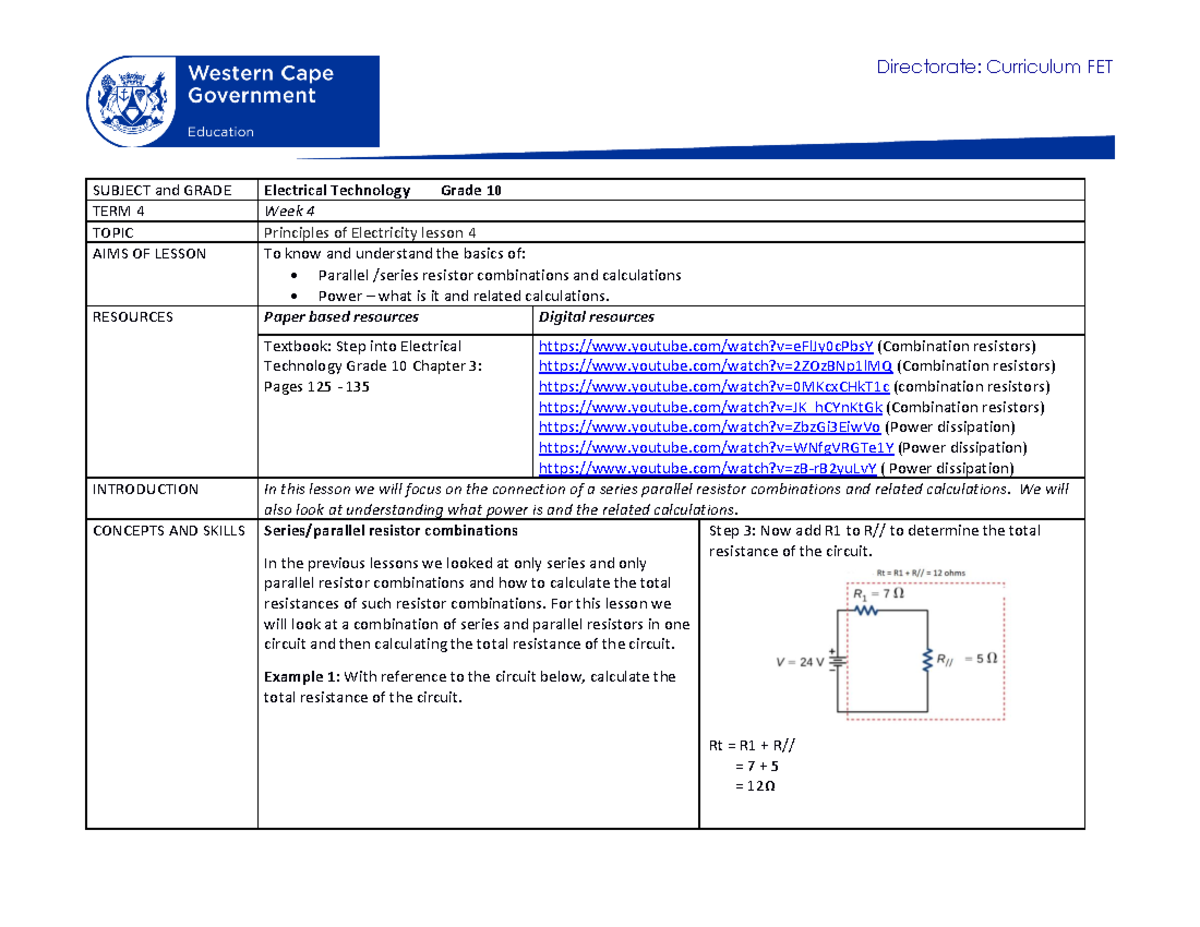 Electrical Technology Grade 10 Term 4 Week 4 2020 - Directorate ...