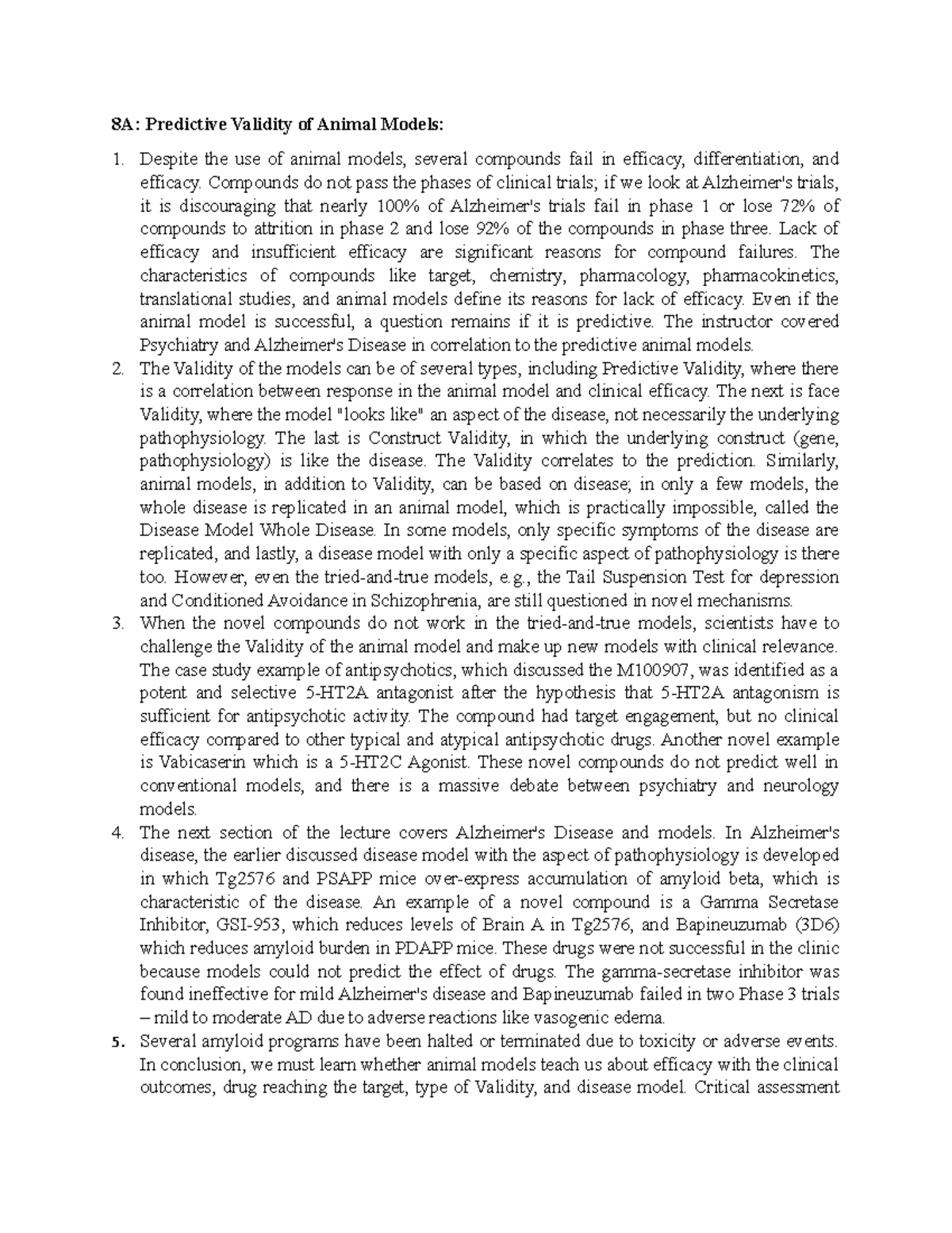 8A - Predictive Validity of Animal Models - 8A: Predictive Validity of ...