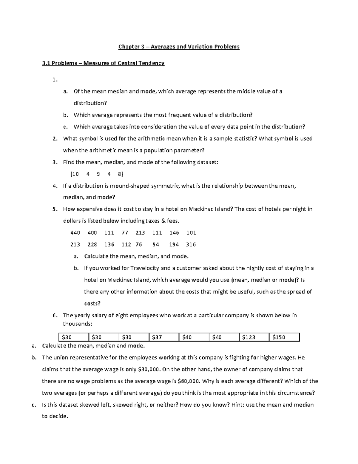 FV23 Chapter 3 Homework - Chapter 3 – Averages and Variation Problems 3 Problems – Measures of ...