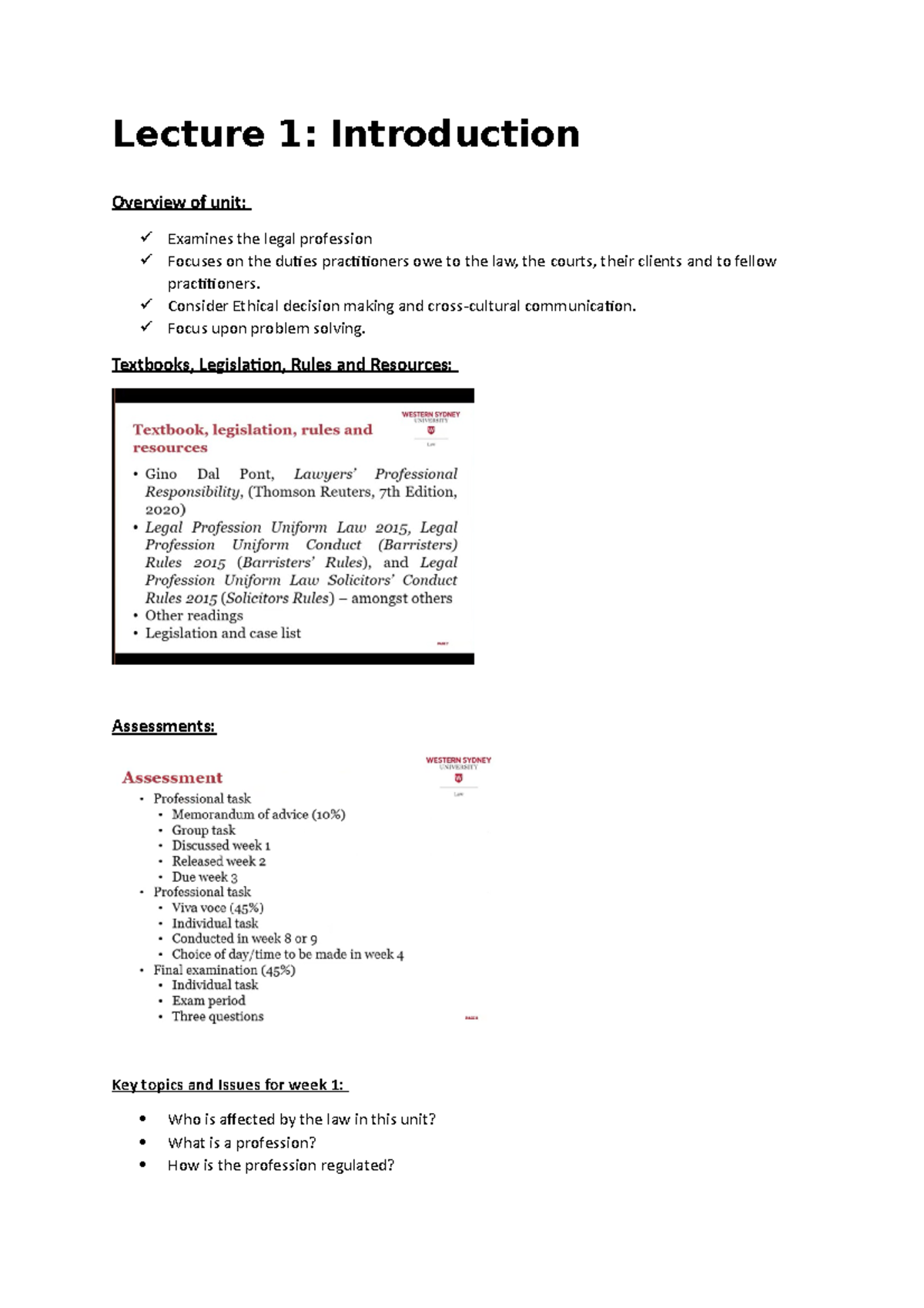 Lecture 1 - Week Notes - Lecture 1: Introduction Overview of unit ...
