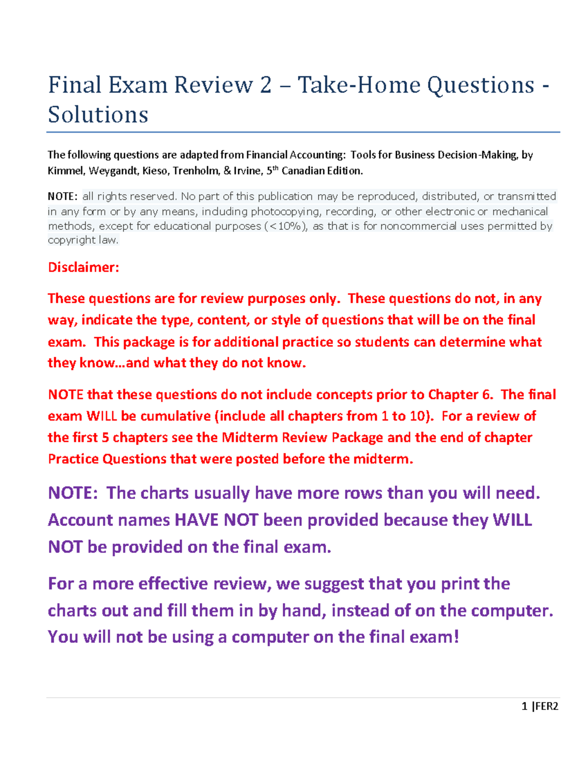 Final Exam Review - Take-Home Questions - Solutions - Final Exam Review ...