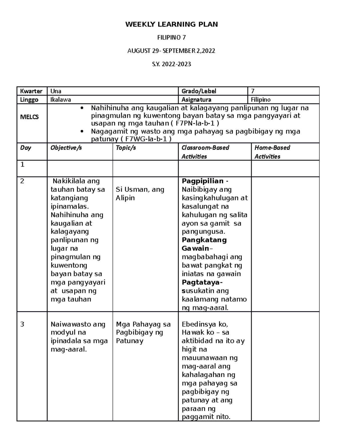 Filipino 7 Weekly Learning PLAN 2 - WEEKLY LEARNING PLAN FILIPINO 7 ...