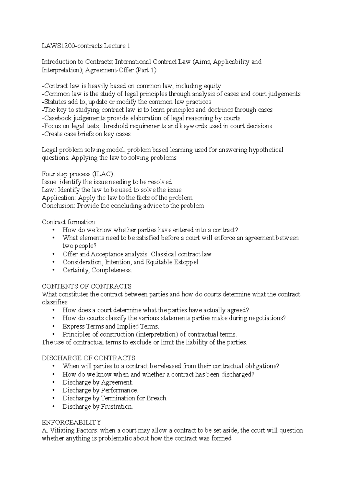 LAWS1200-lecture 1 - lecture notes - LAWS1200-contracts Lecture 1 ...