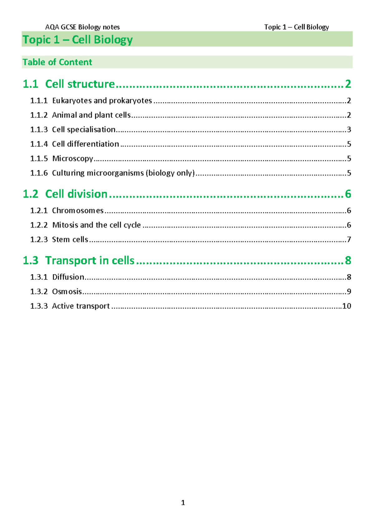 Topic 1 – Cell Biology notes - Topic 1 – Cell Biology 1 Cell structure ...