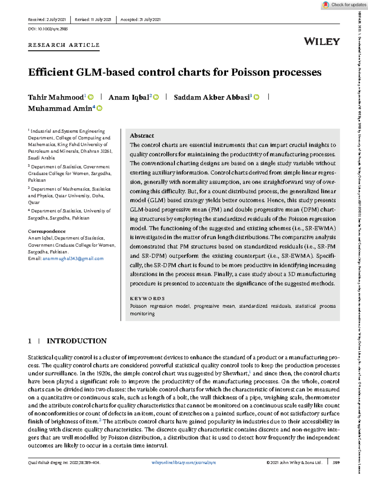 Quality Reliability Eng - 2021 - Mahmood - Efficient GLM‐based control ...