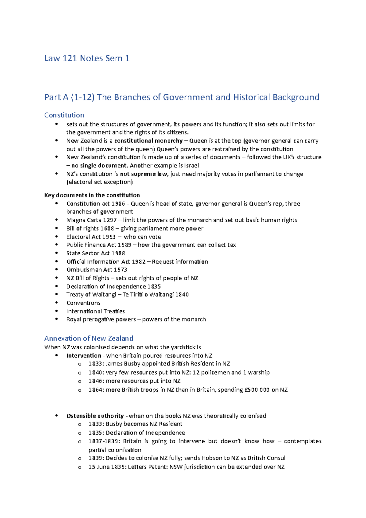 Law 121 Notes Sem 1 - Law 121 Notes Sem 1 Part A (1-12) The Branches of ...