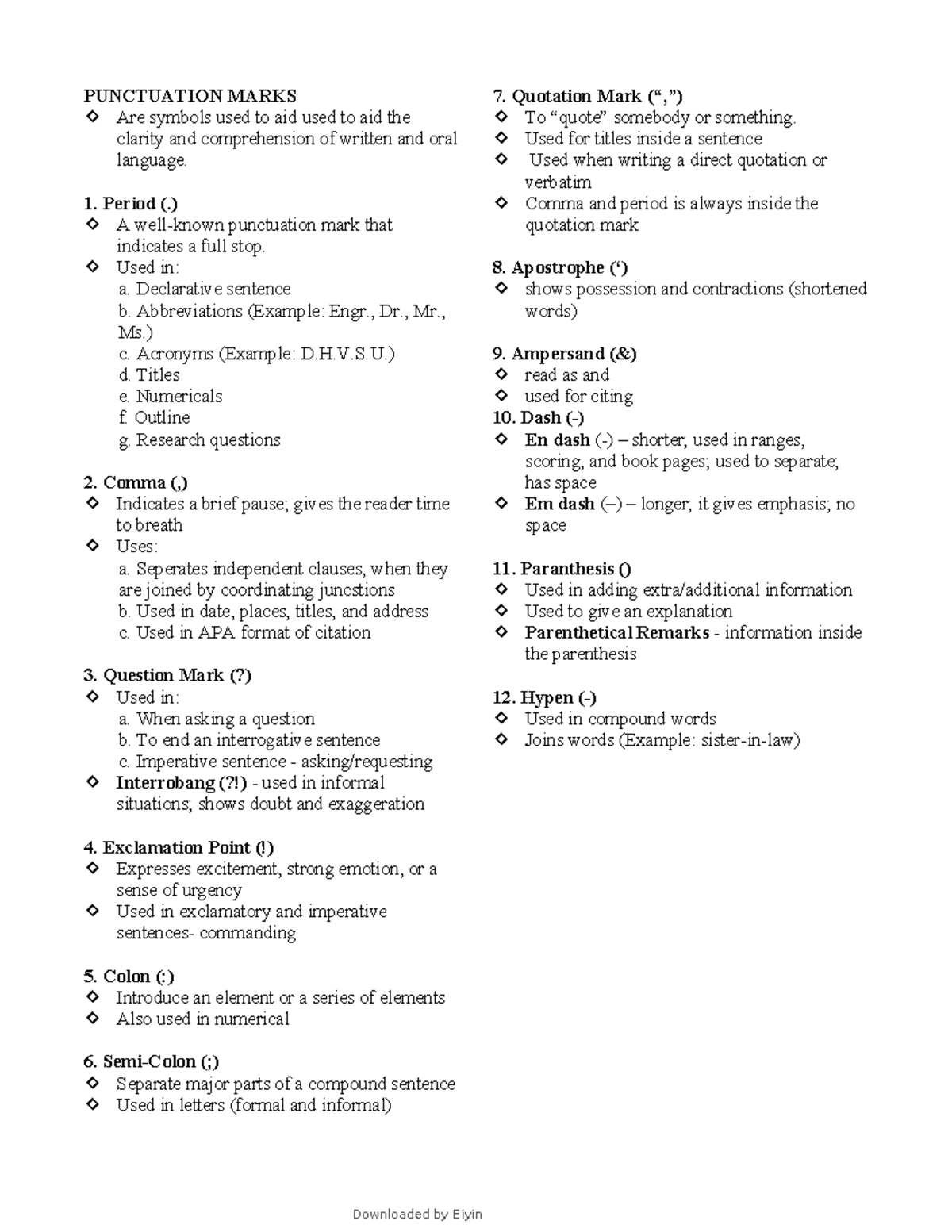 Punctuation Marks Lecture Notes - Downloaded by Eiyin PUNCTUATION MARKS ...