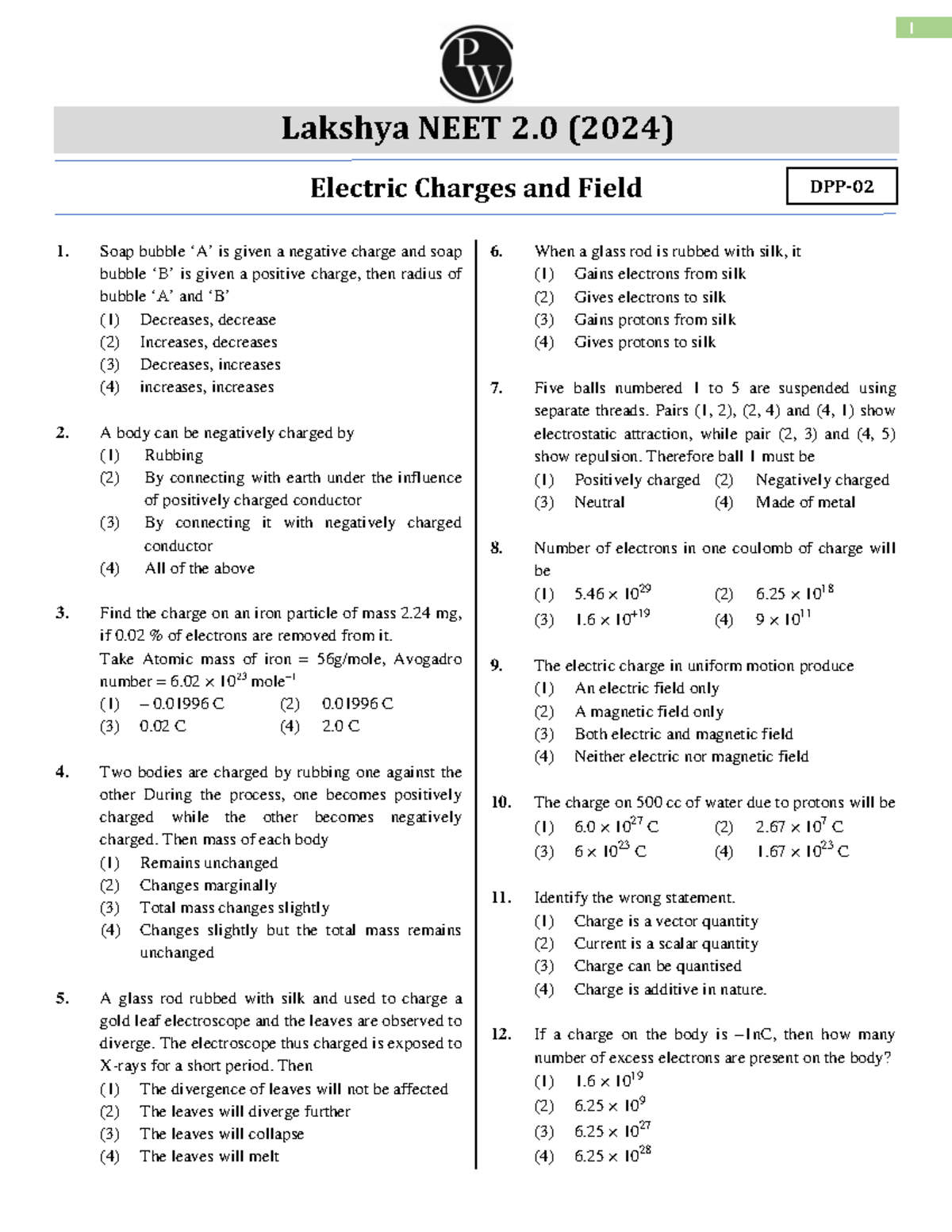 Electric Charges and Field - 1 Lakshya NEET 2 (2024) Electric Charges ...