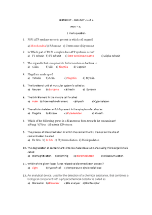 Unit 5 bio MCQ - Bio unit 5 mcq - UNIT 5 PART – A 1 mark question The ...