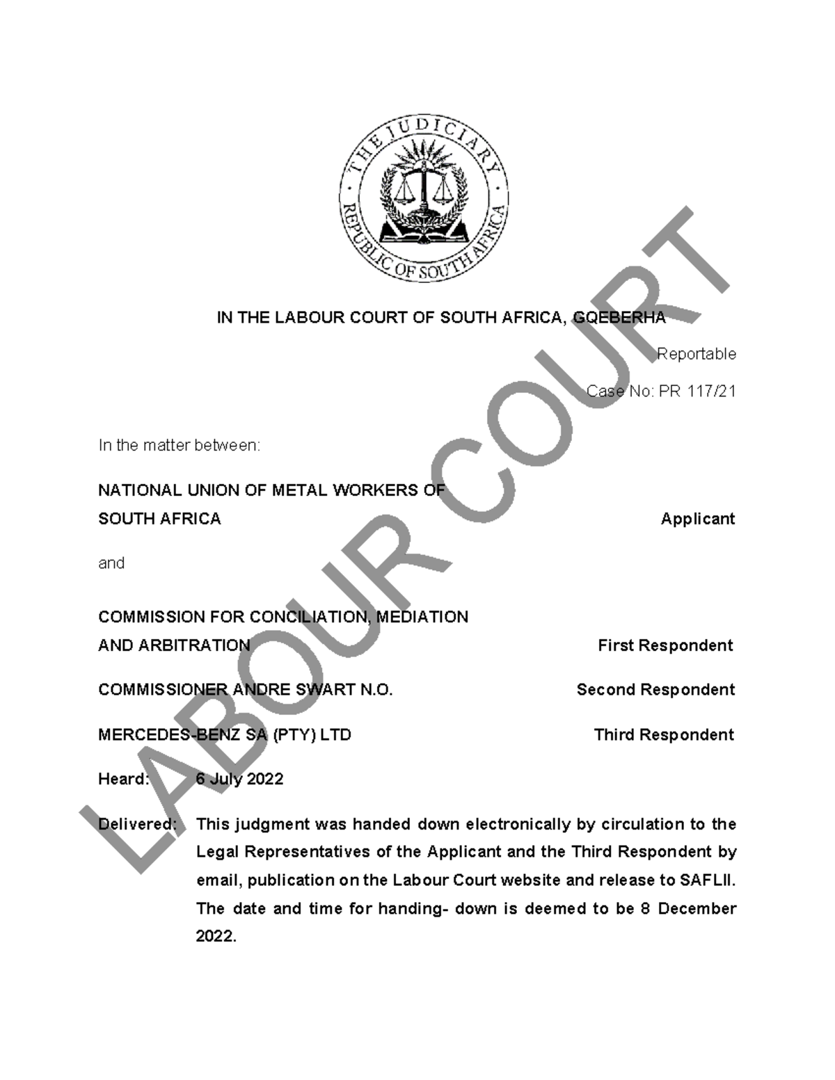 Labour Law at Best - IN THE LABOUR COURT OF SOUTH AFRICA, GQEBERHA ...