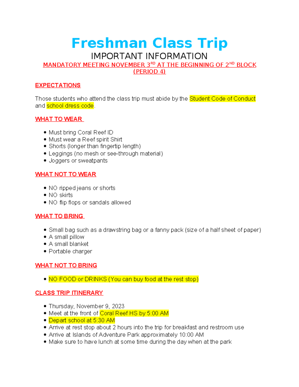 Freshman Class Trip Guidelines and Rules - Freshman Class Trip ...