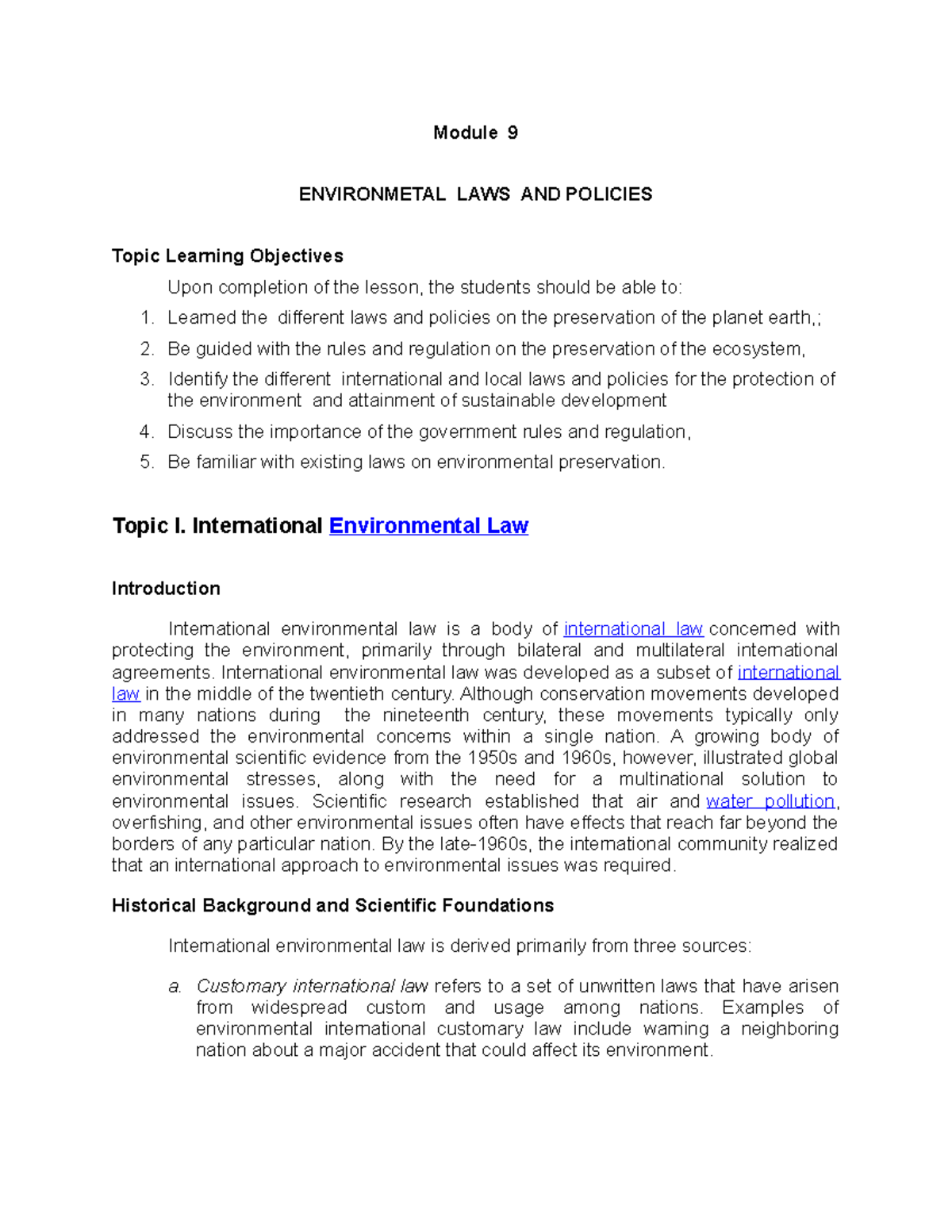 PEE Module 9 - pee notes - Module 9 ENVIRONMETAL LAWS AND POLICIES ...