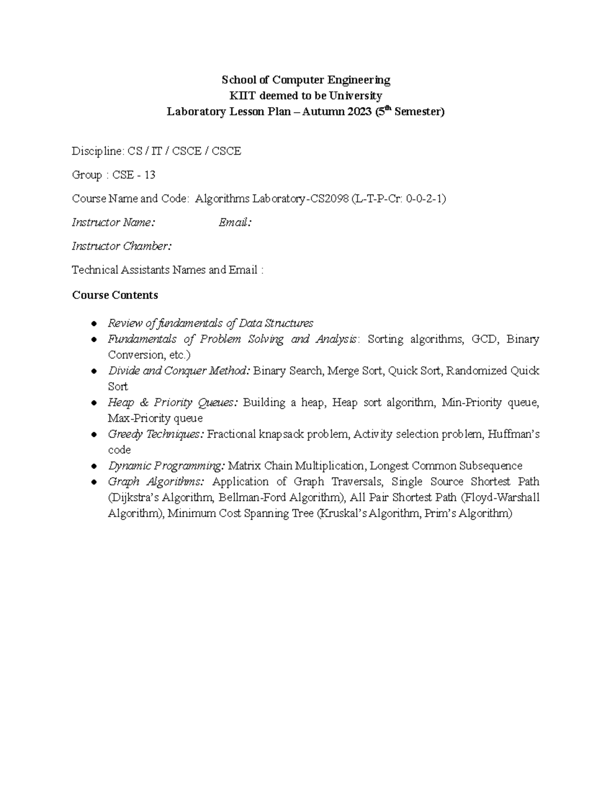 CS2098 DAA LAB Manual 2023 - School of Computer Engineering KIIT deemed to be University ...