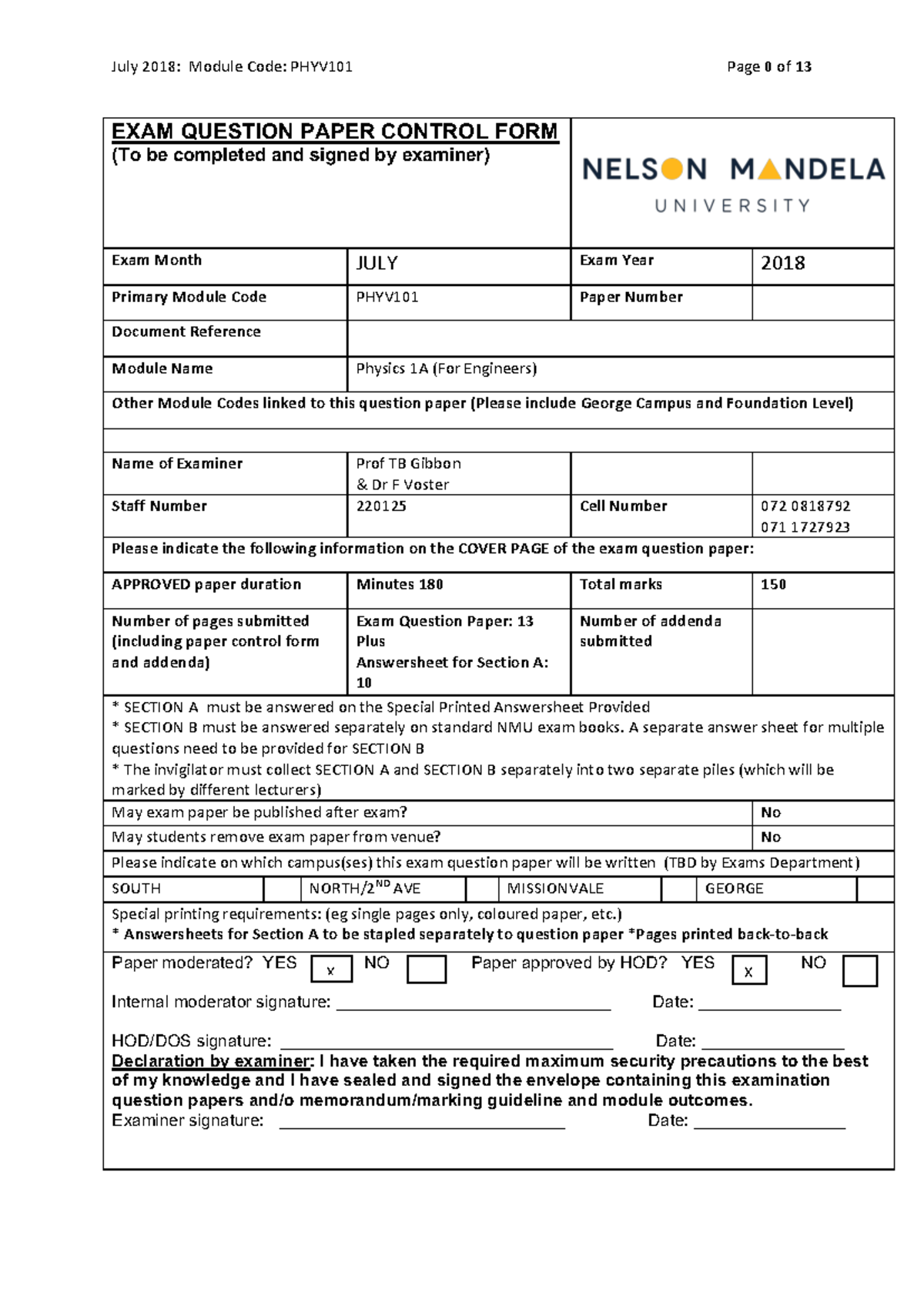 PHYV101 Exam July 2018 - practise - EXAM QUESTION PAPER CONTROL FORM ...