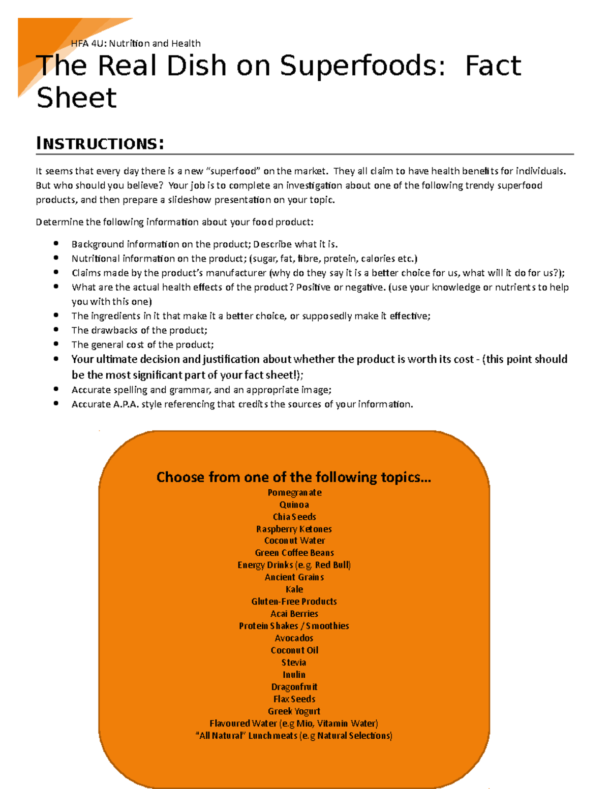 The real dish on superfoods fact sheet 2 - HFA 4U: Nutrition and Health ...