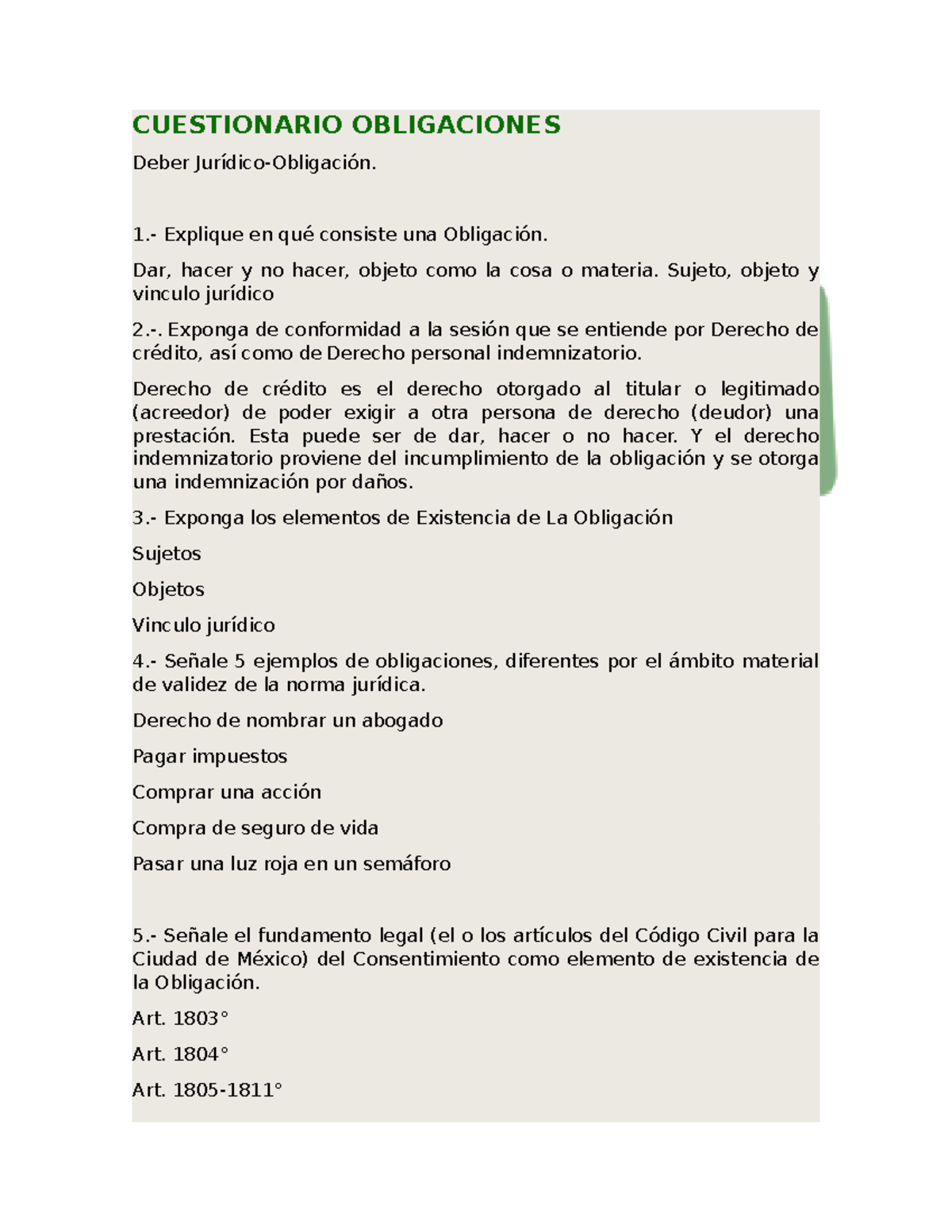 Semana 1 Entregable 1 Oblig - CUESTIONARIO OBLIGACIONES Deber Jurídico ...