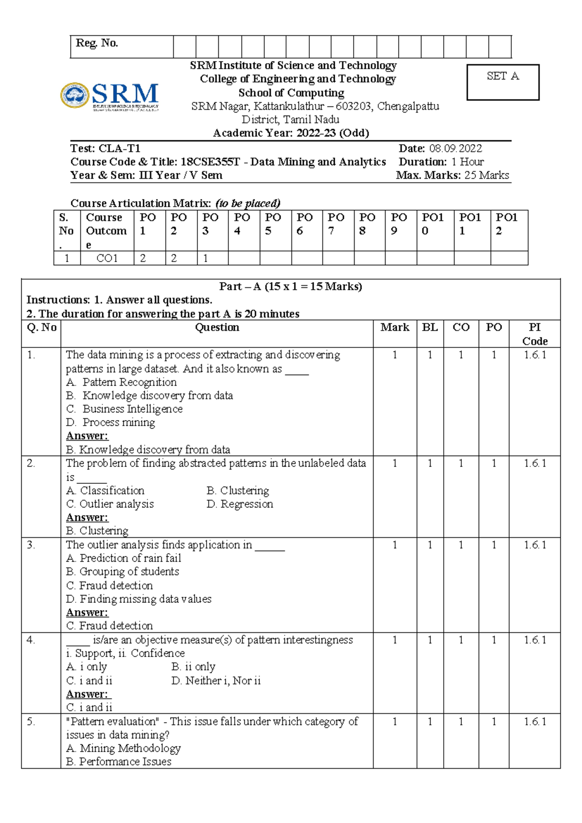DMA Set A Updated Answer Key 08 09 22 - Reg. No. SRM Institute of Science and Technology College ...