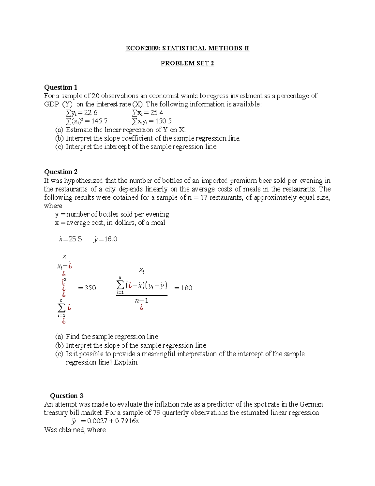 Tutorial Problem Set 2 - ECON2009: STATISTICAL METHODS II PROBLEM SET 2 ...