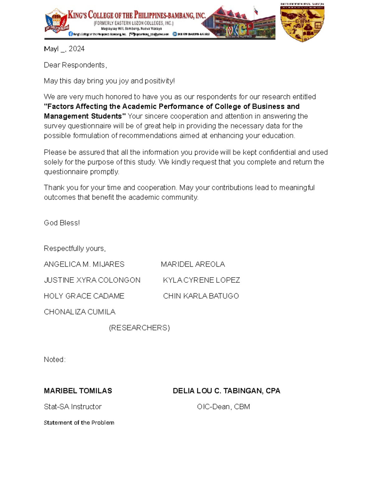 Research Requirement - Mayl _, 2024 Dear Respondents, May this day bring you joy and positivity ...