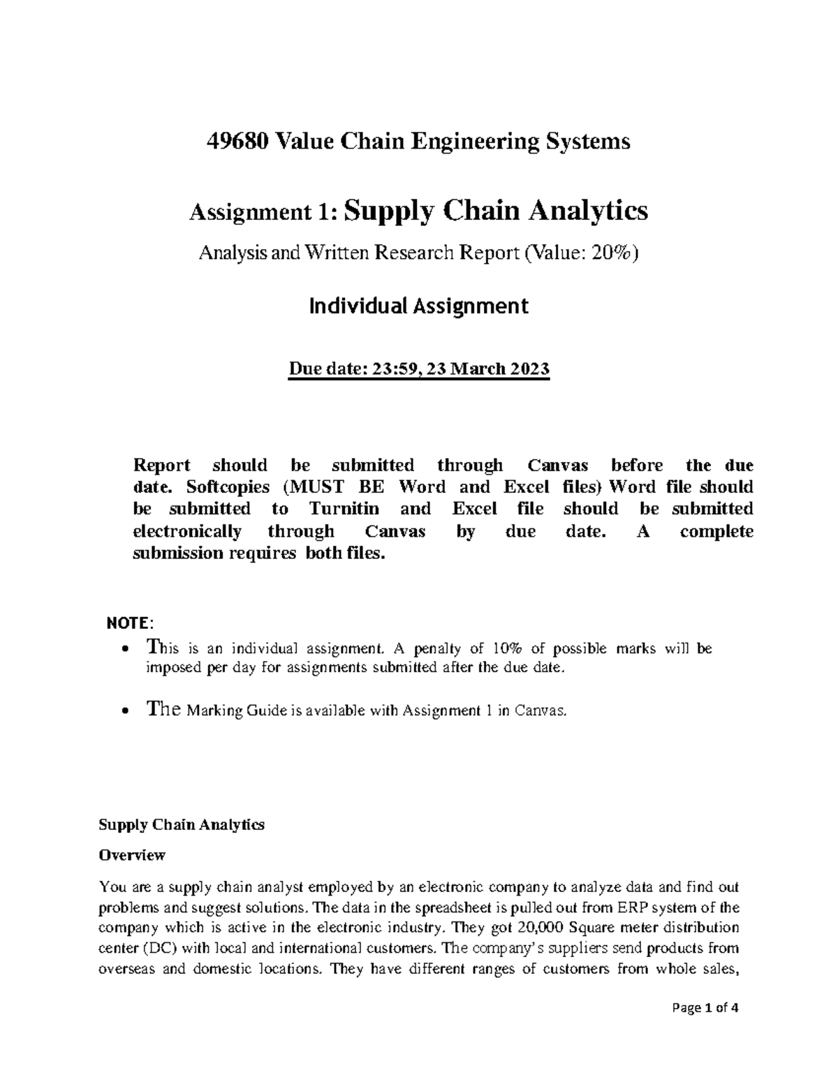 Assignment 1 Supply Chain Analytics 23 March 2023 - 49680 Value Chain Engineering Systems ...