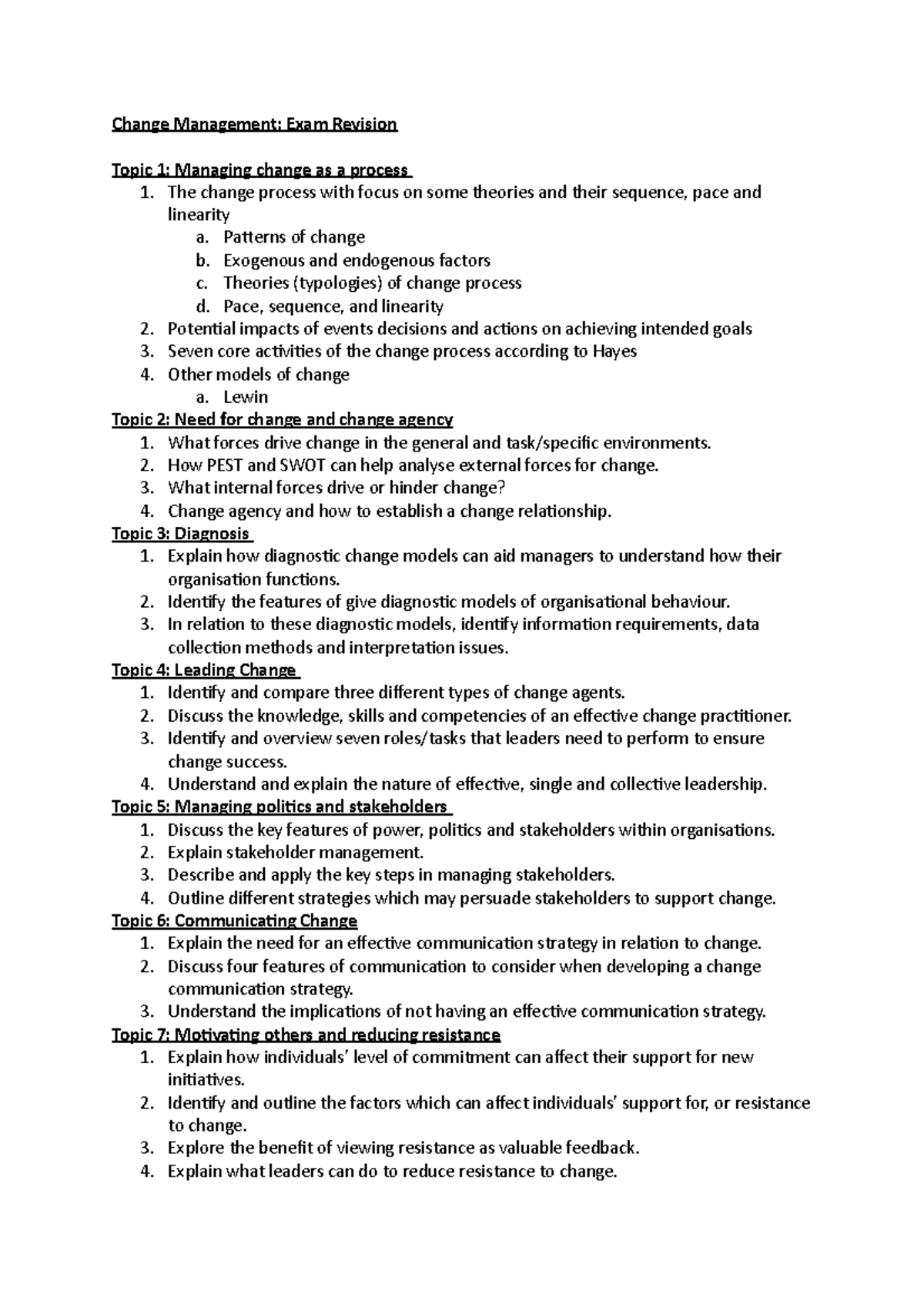 Change Management - Exam notes - Change Management: Exam Revision Topic ...
