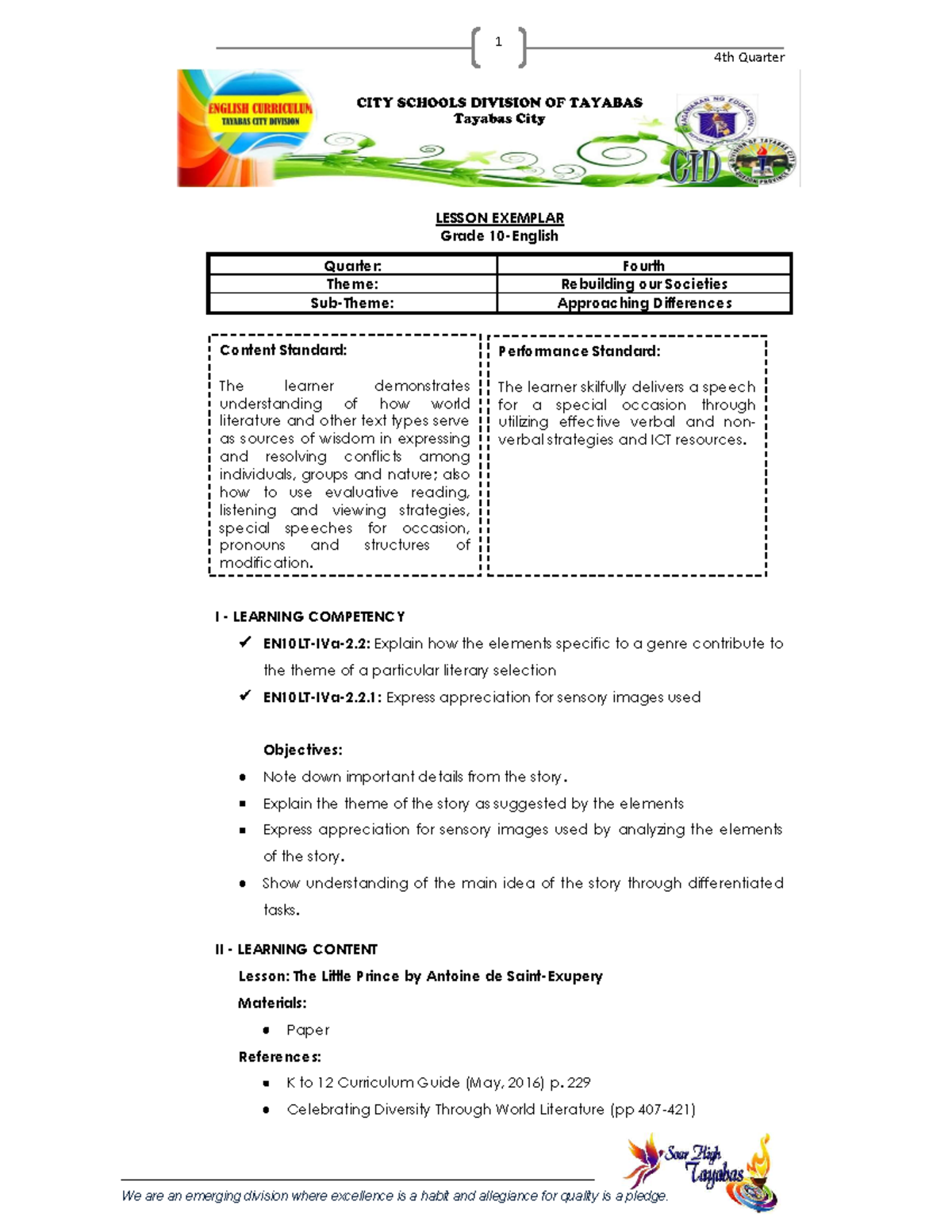 DLL 1 - 4th Quarter LESSON EXEMPLAR Grade 10-English I - LEARNING COMPETENCY EN10LT-IVa-2 ...
