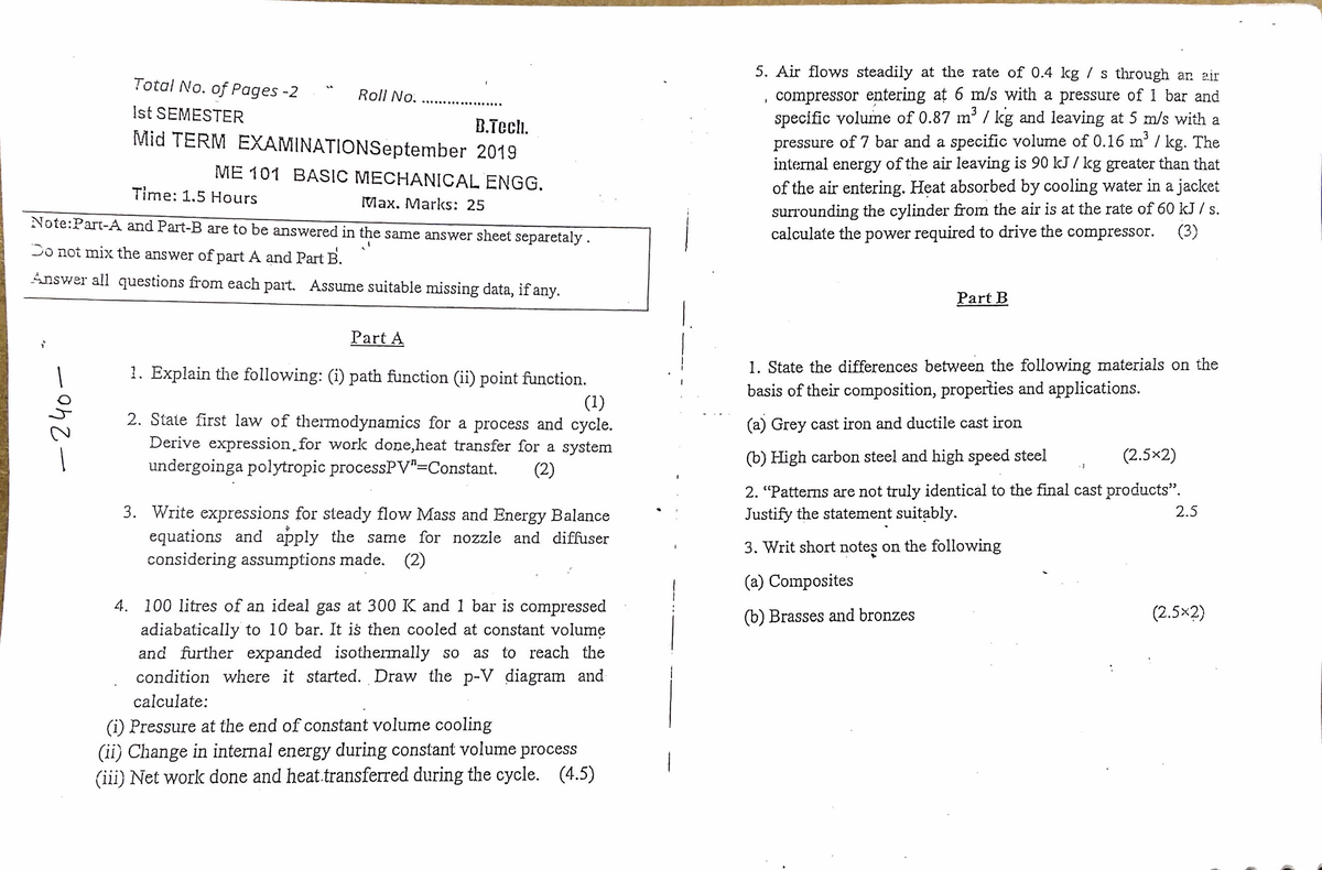 BME 201 9 MID SEM - Basic Mechanical Engineering - Studocu