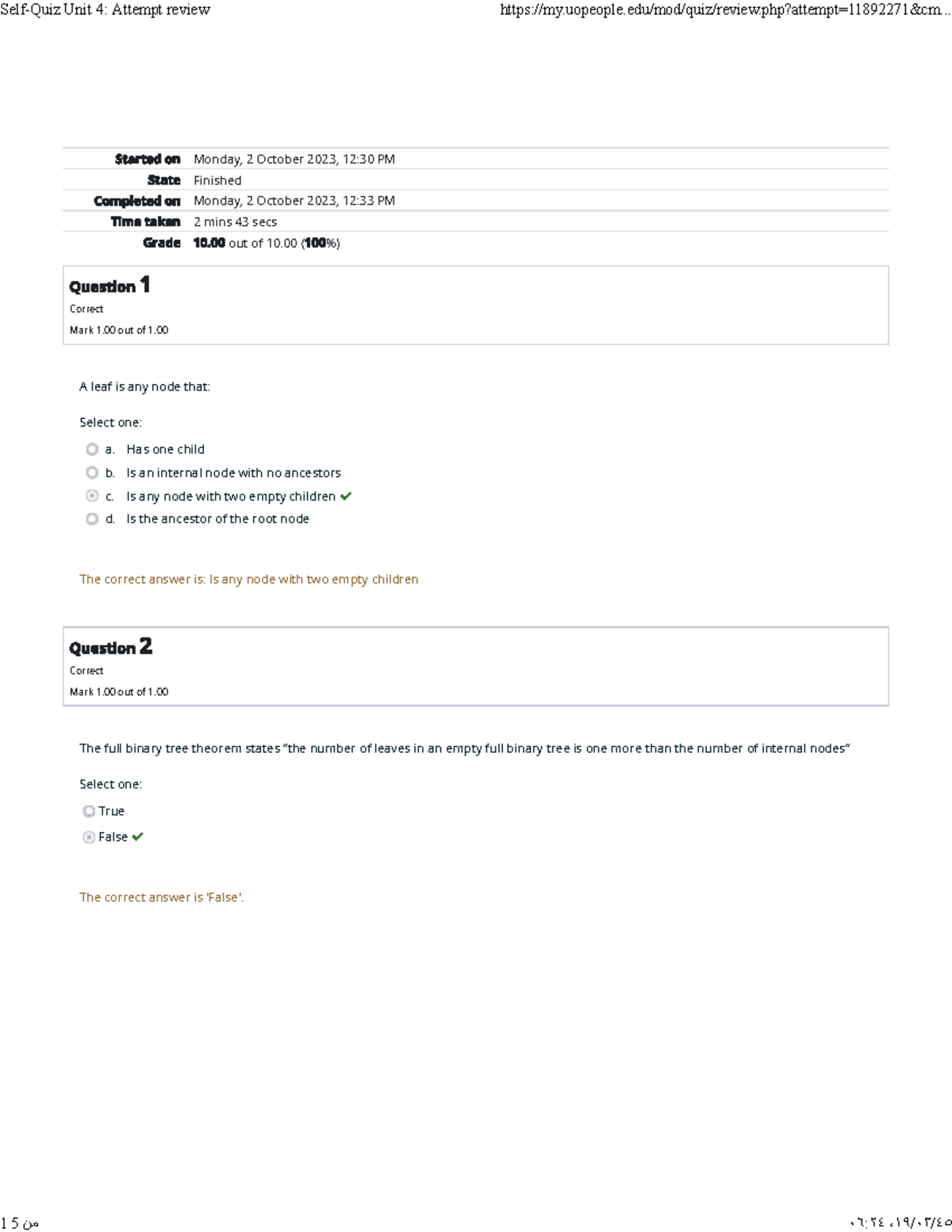 Self-Quiz Unit 4 Attempt review - Monday, 2 October 2023, 12:30 PM Finished Monday, 2 October ...