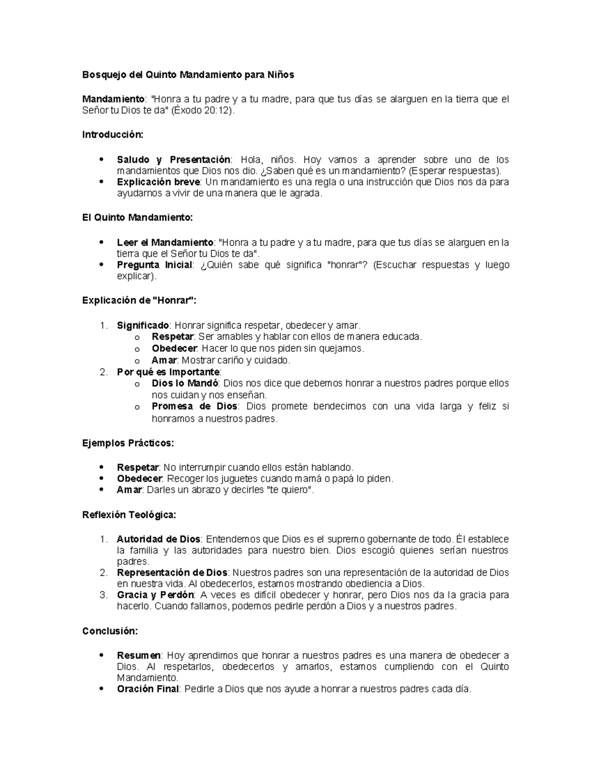 Bosquejo del Quinto Mandamiento para Niños - Bosquejo del Quinto ...