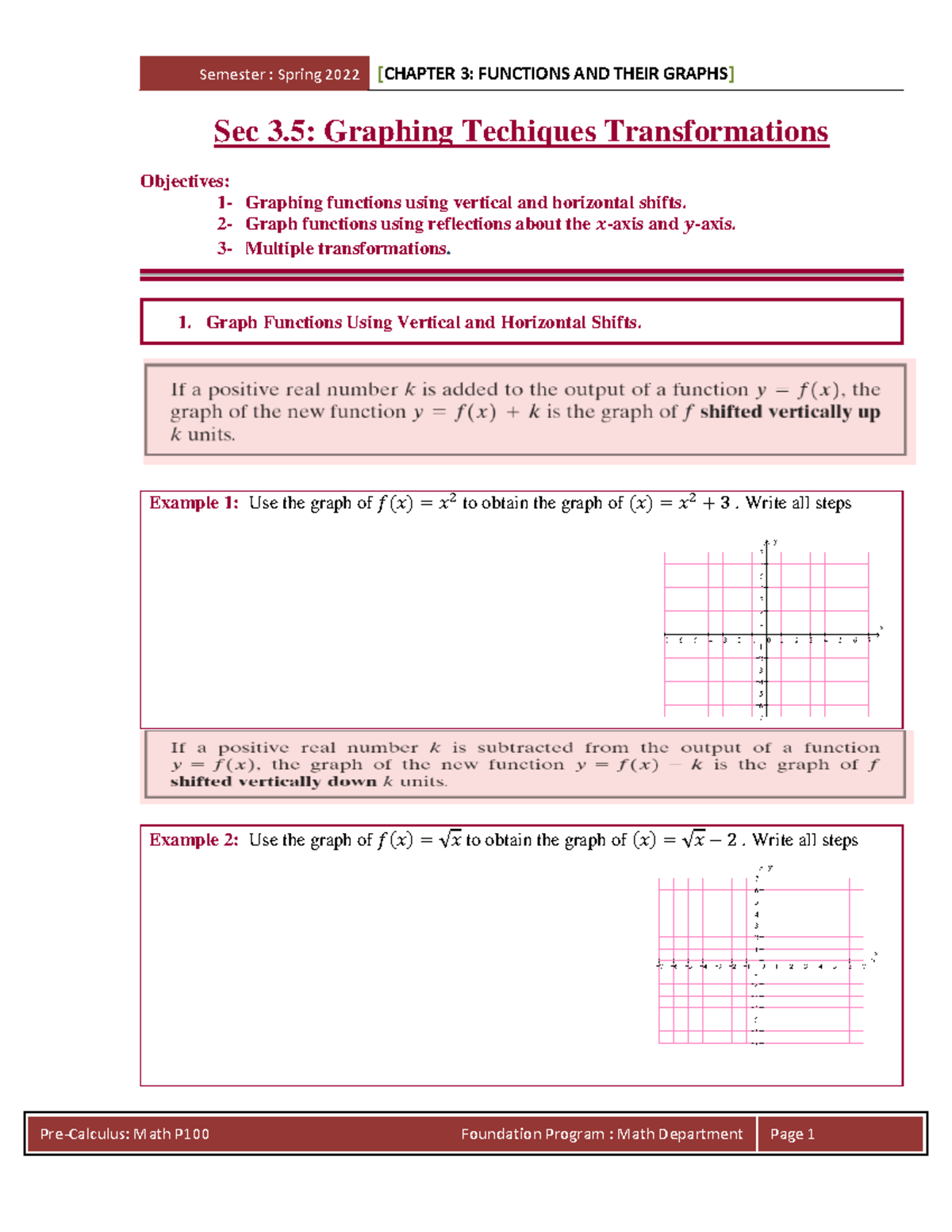 Sec 3.5 Sp22 - Lecture note - Sec 3: Graphing Techiques Transformations Objectives: 1- Graphing ...