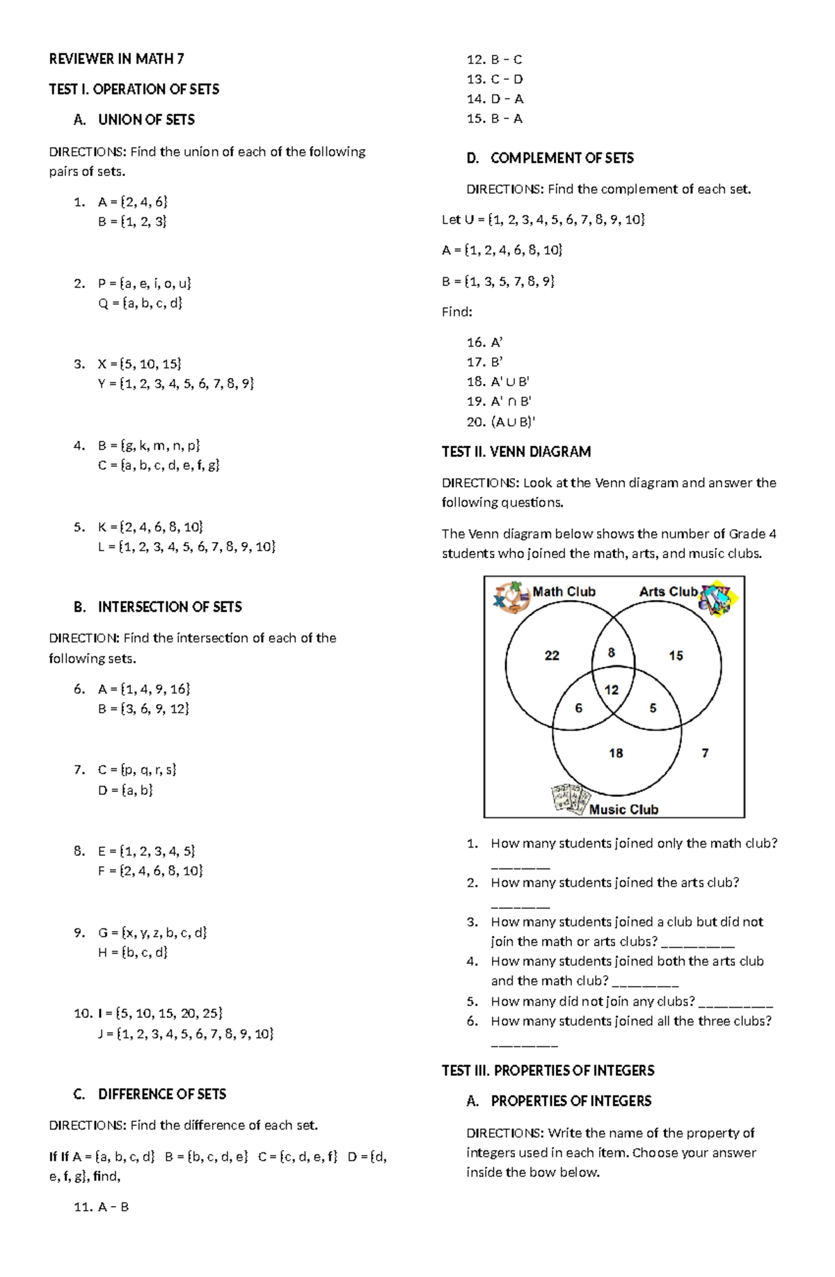 Reviewer IN MATH 7 - REVIEWER IN MATH 7 TEST I. OPERATION OF SETS A ...