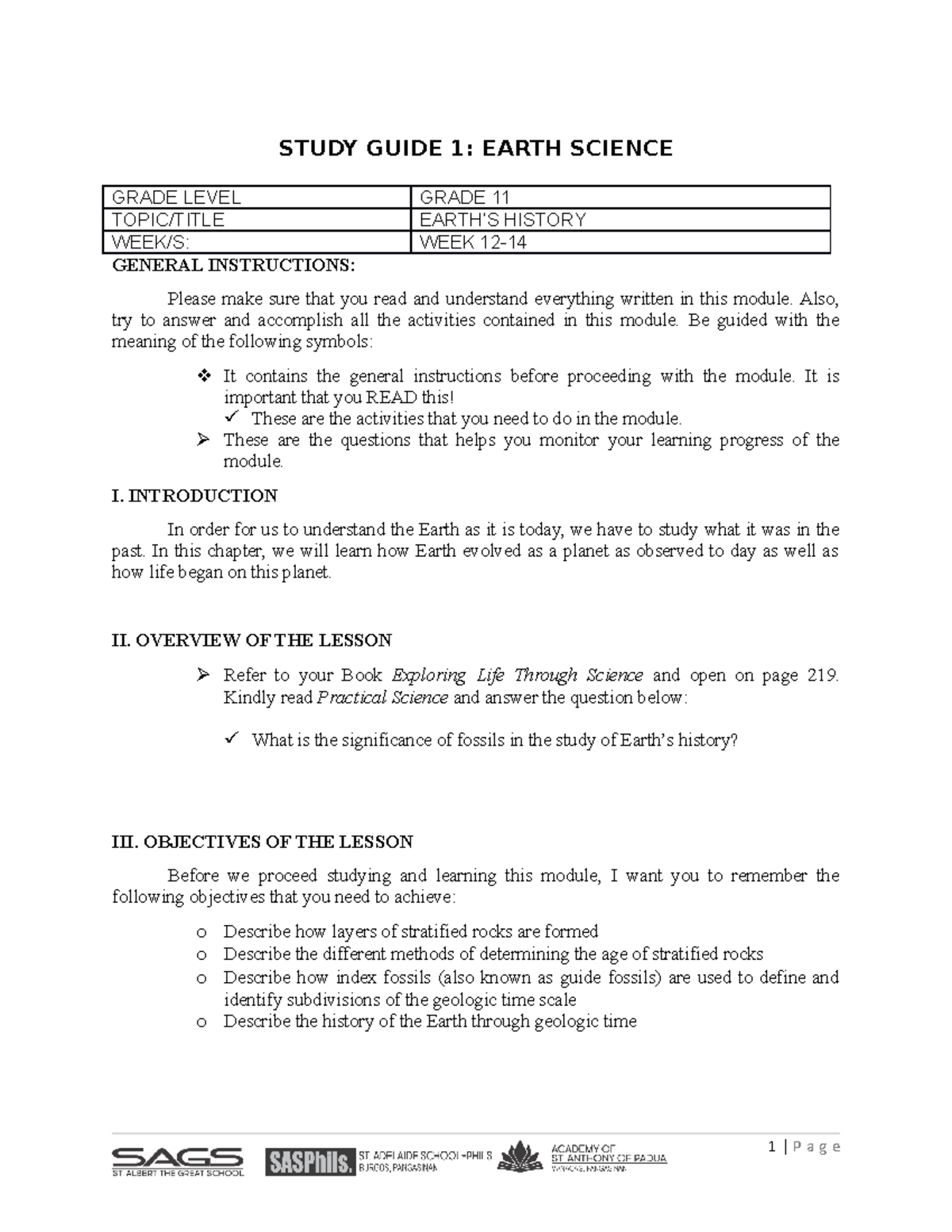 Earth Science Week 12-14 - STUDY GUIDE 1: EARTH SCIENCE GRADE LEVEL ...