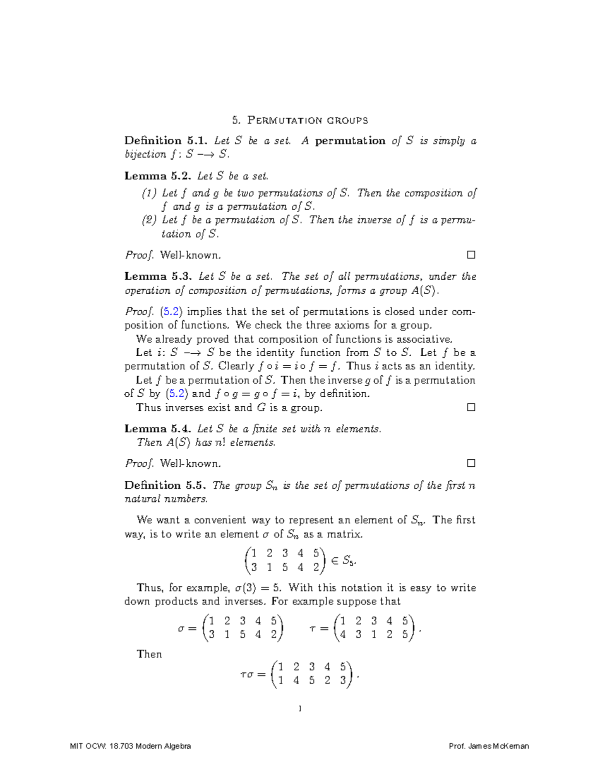 MIT18 703S13 pra l 5 - Lecture notes 1-17 - Permutation groups ...